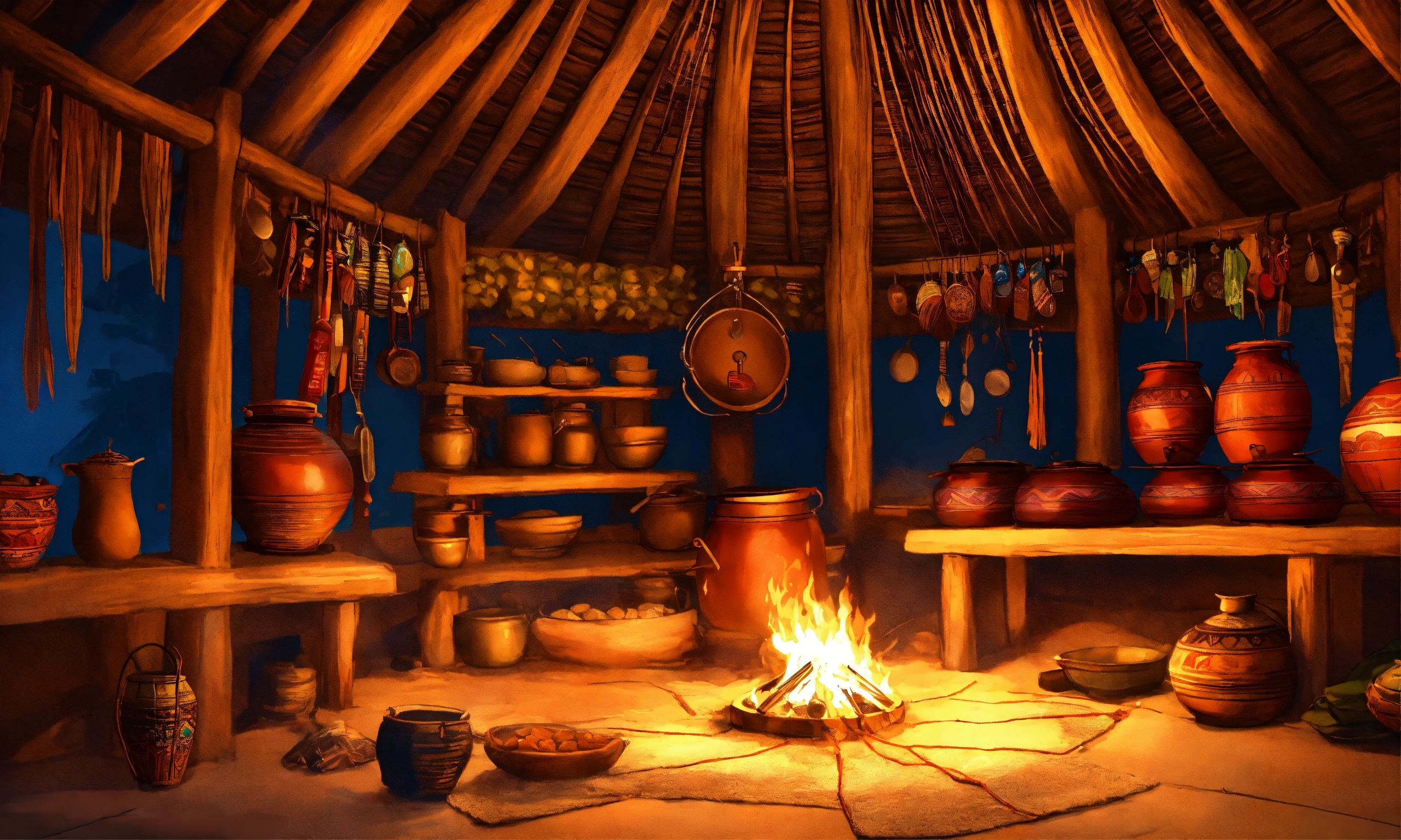 Lexica - Inside african tribal hut at night, basic utensils and cooking ...