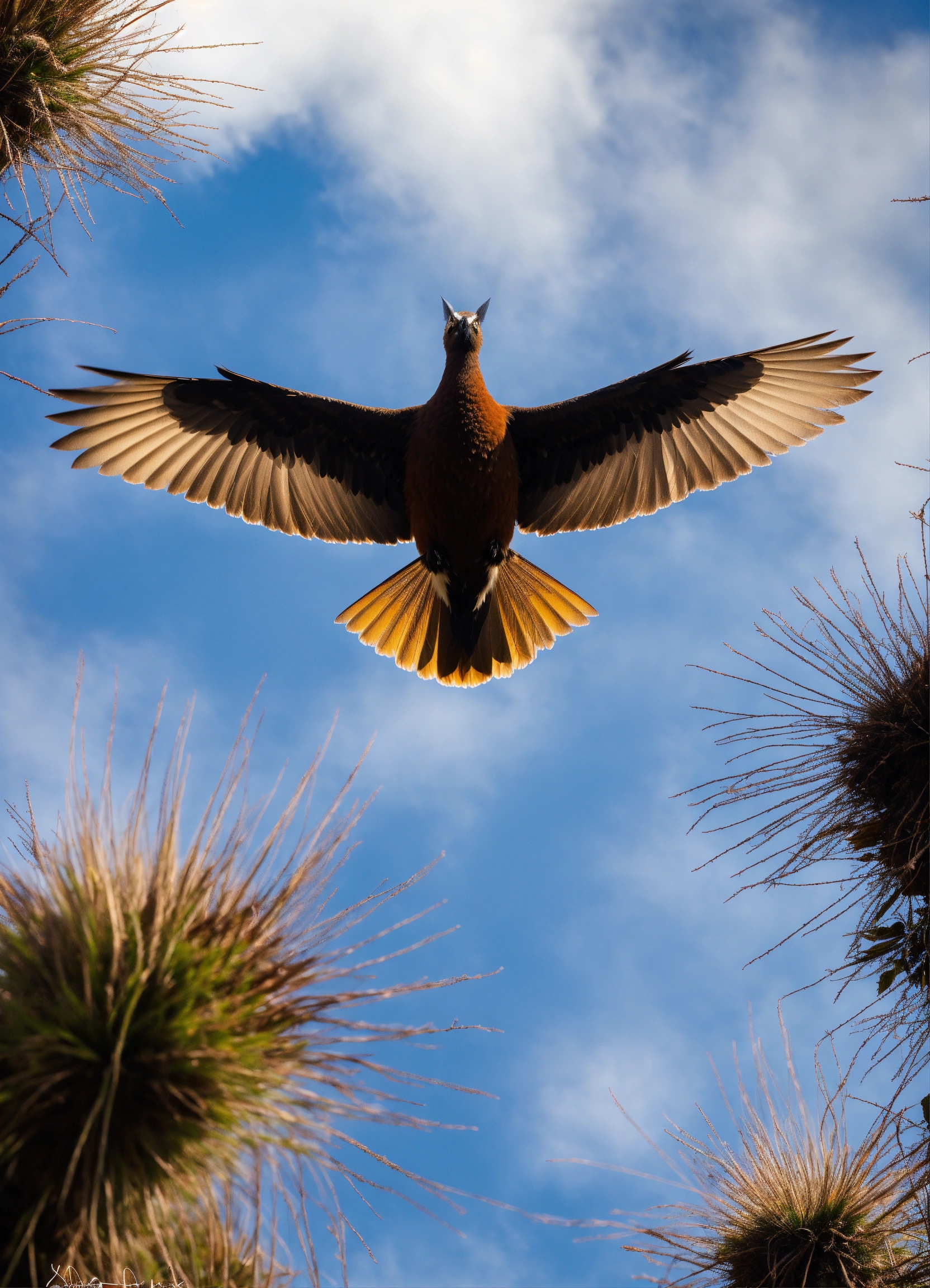 Lexica - Underside closeup of saddleback nz bird flying photo ...