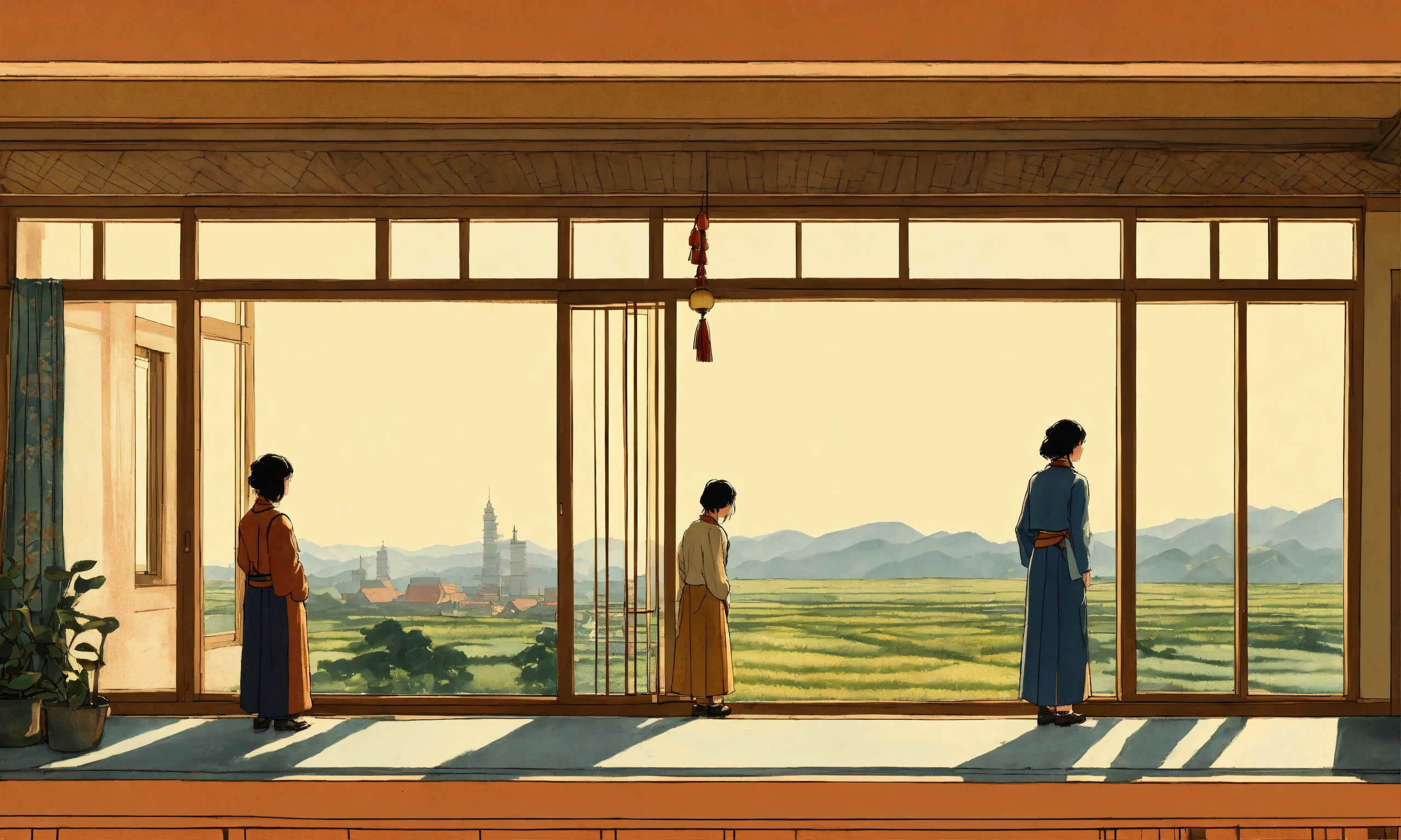 Lexica - Some people look over tall building windows, rural china ...