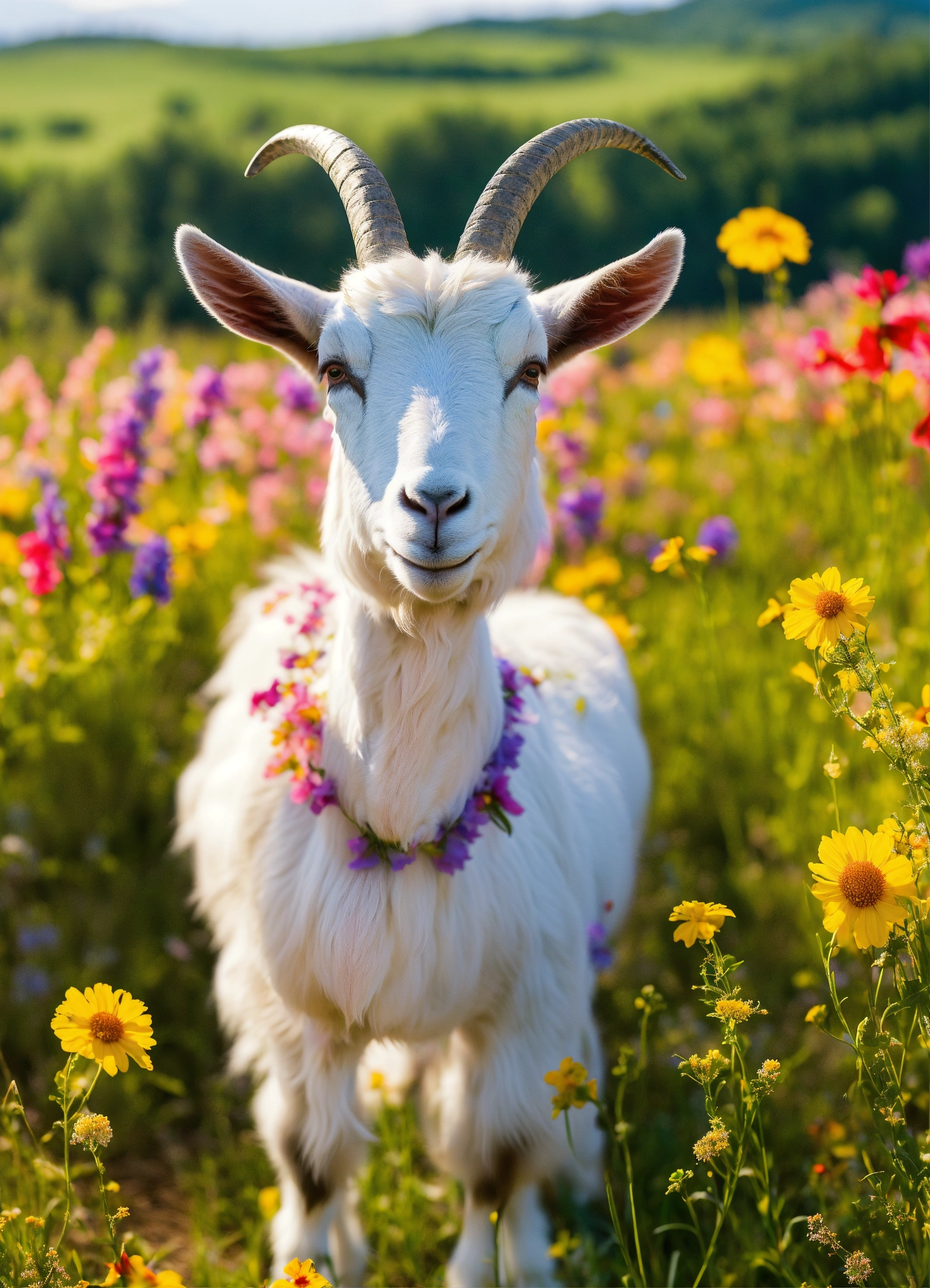 Lexica - A huggable fluffy plush goat, sitting in a meadow, surrounded ...