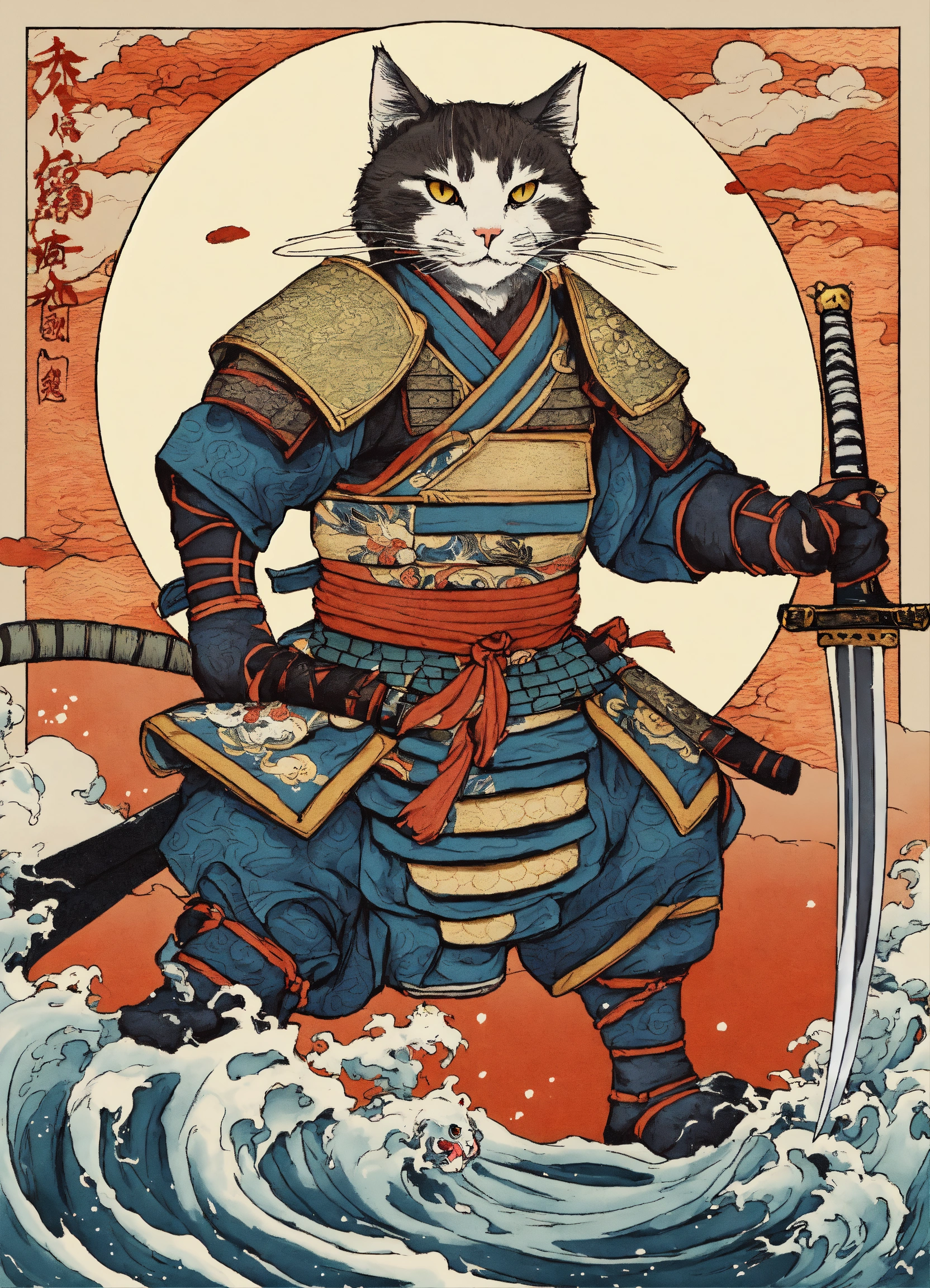 Lexica - There is a cat with a fish and a sword on a white background ...