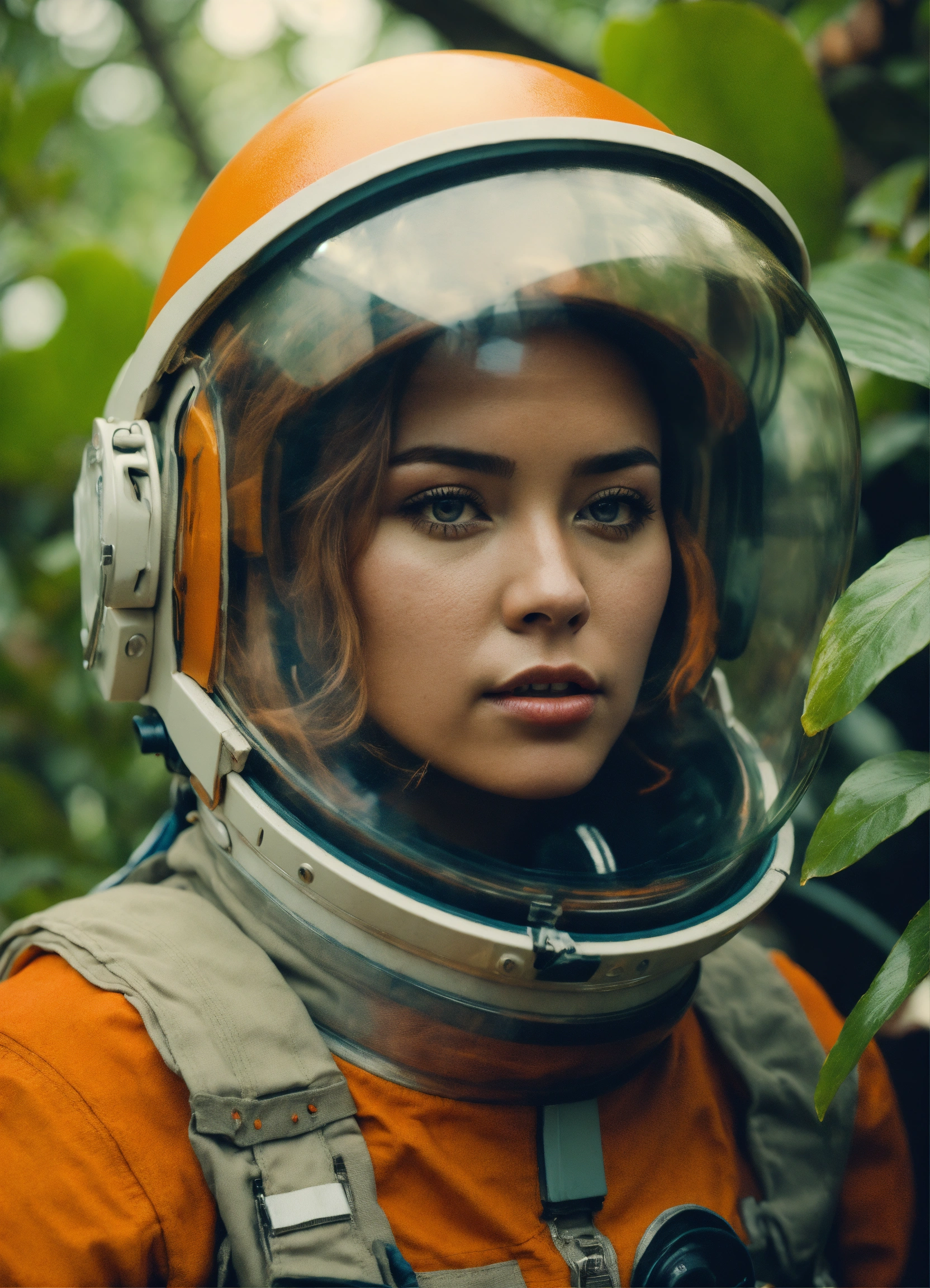 Lexica - Waist-up, muted photo portrait titled "female Astronaut in a ...