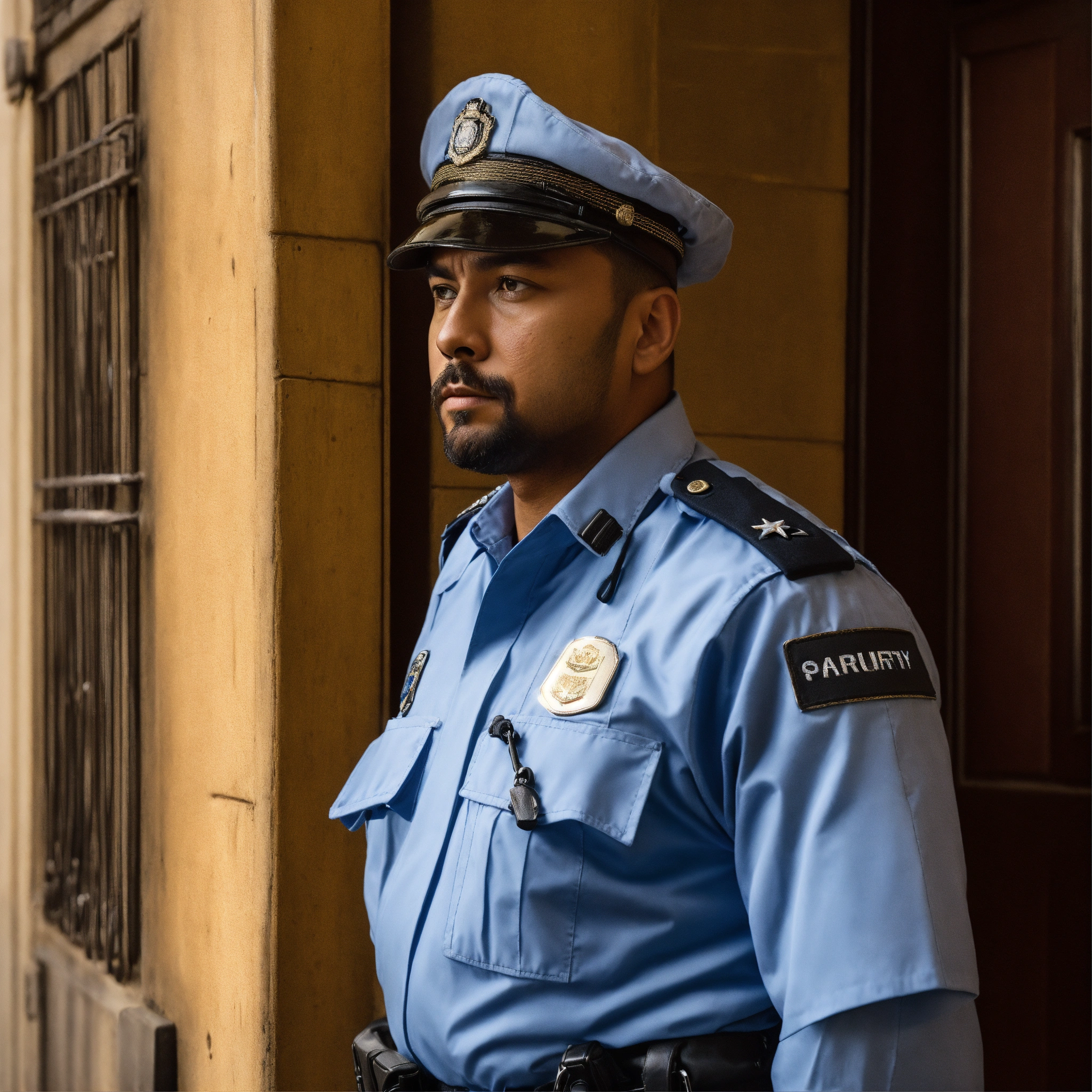 Lexica - A lone security officer wearing security cap, movie poster style