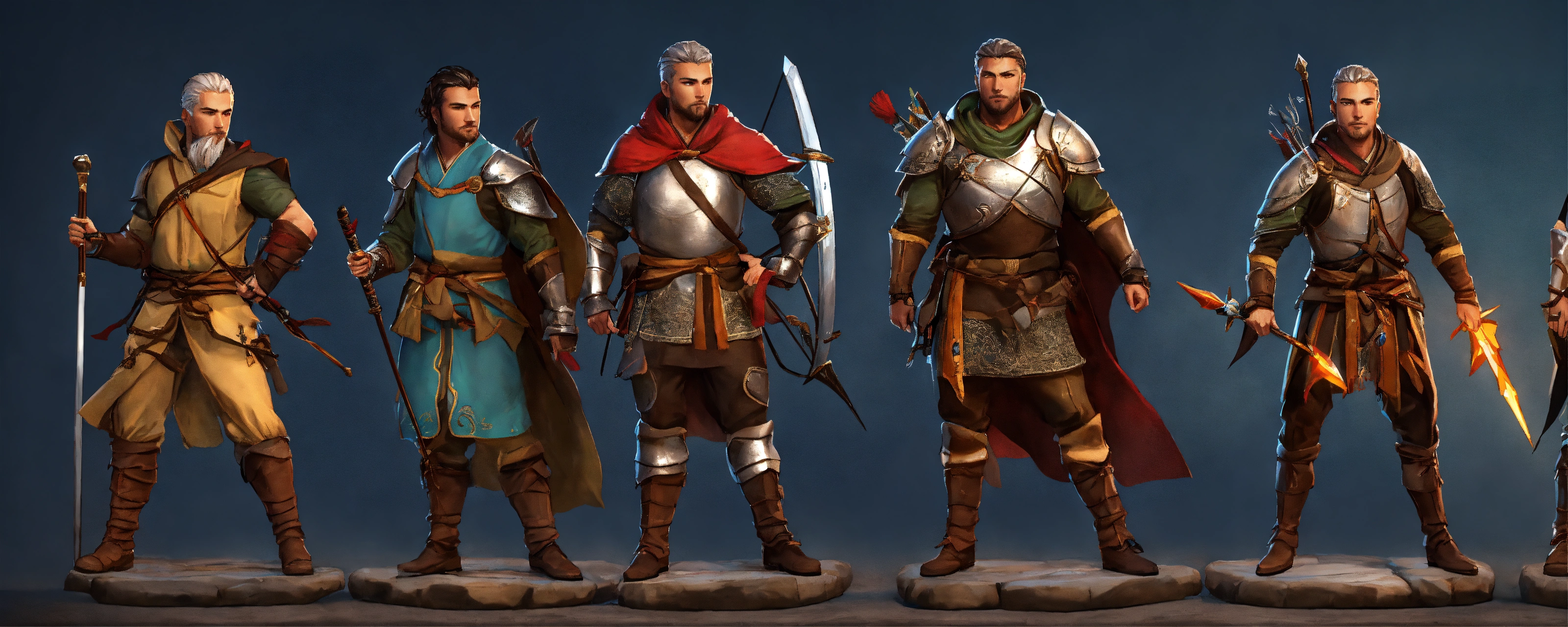 Lexica - 4 realistic full body male figures (mage, knight, archer ...