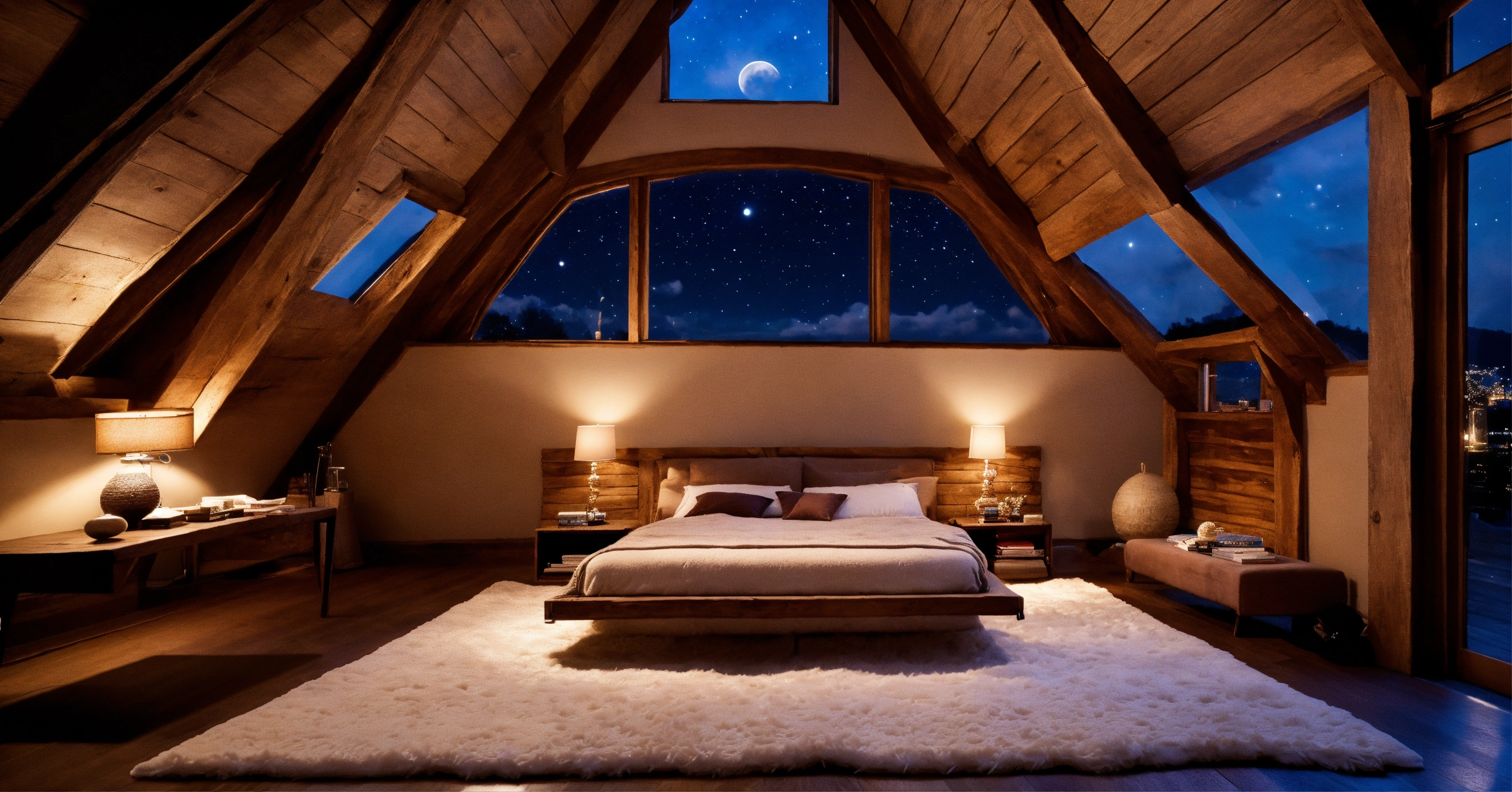 Lexica - Night bedroom, fluffy rug, big comfy bed, moon stars night sky ...