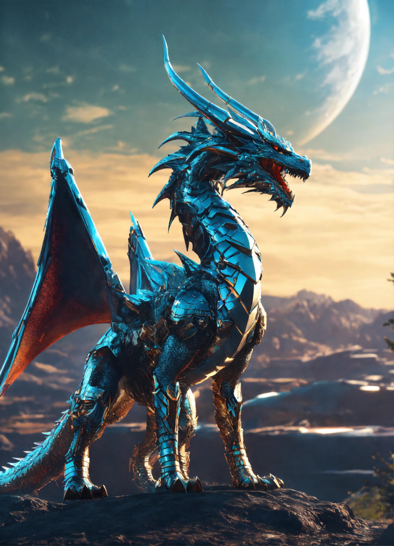 Lexica - Sci-fi back and chrome dragon standing on a highly advance ...