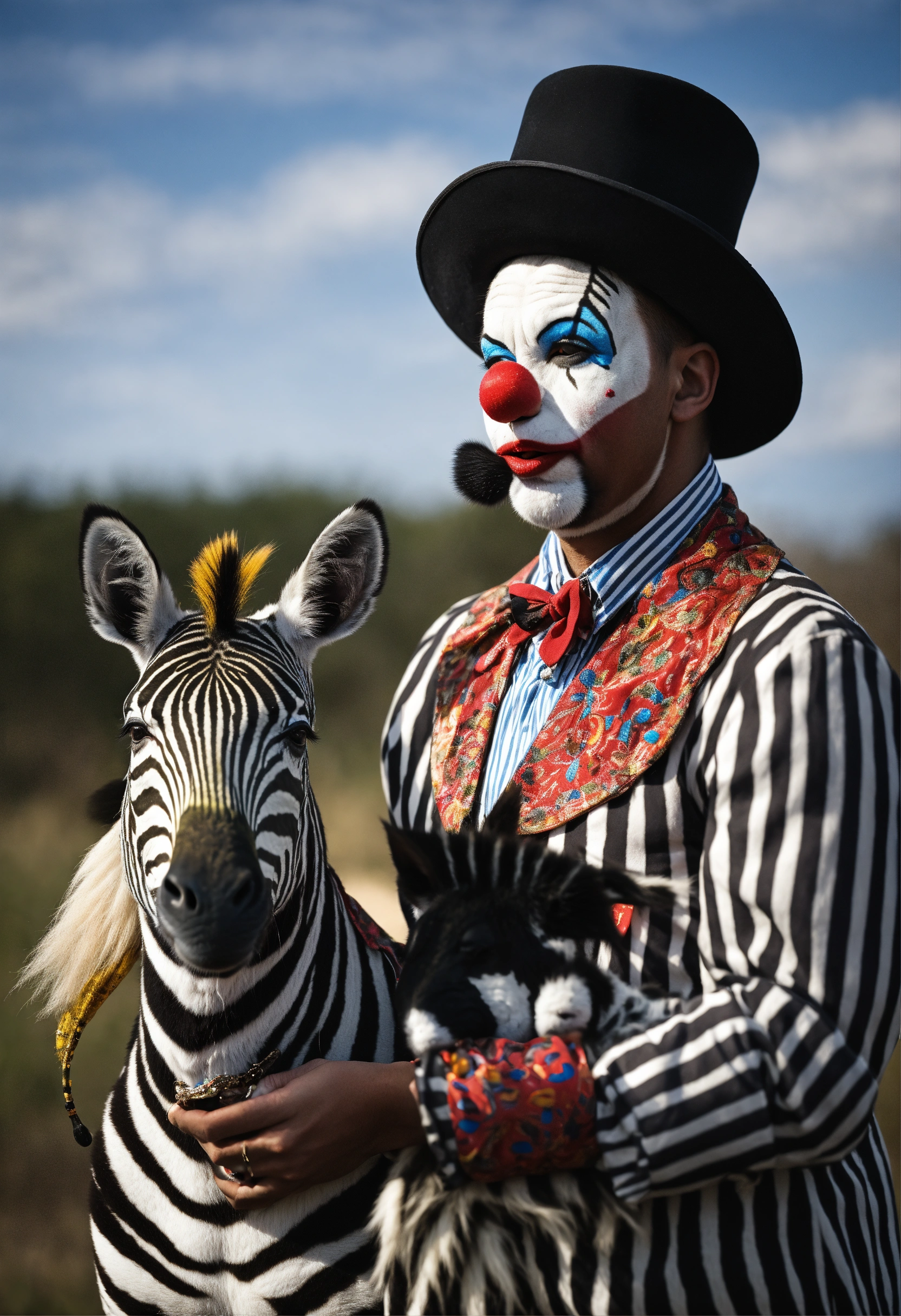 Lexica - A black and white clown holds a small zebra in his hands