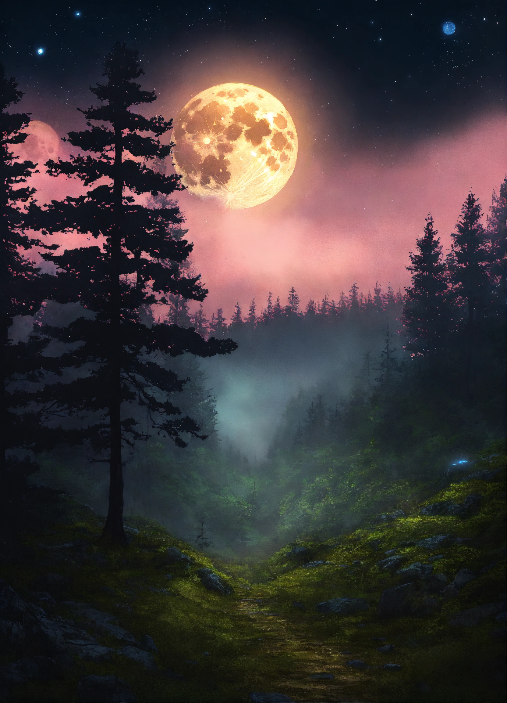 Lexica - Deep forest with starry looking skies, and light fog, full ...