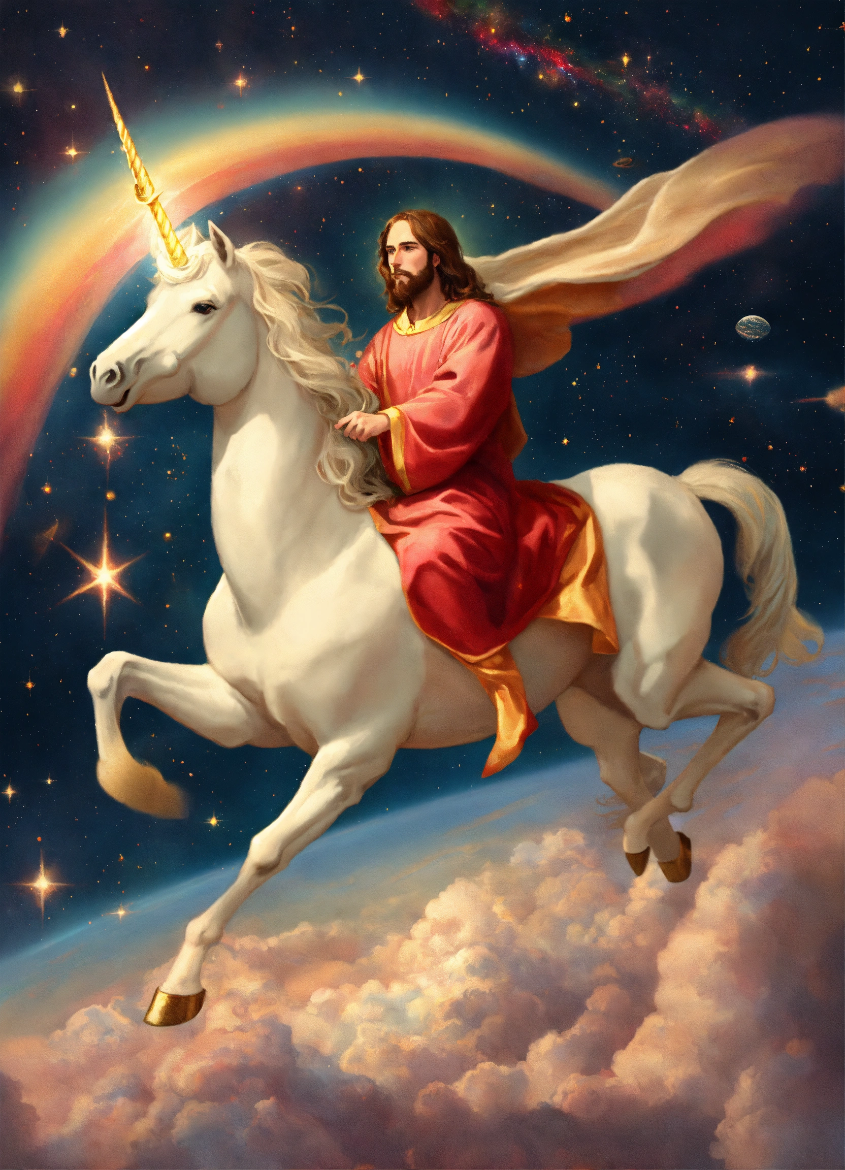 Lexica - Jesus Christ in outer space riding a large unicorn