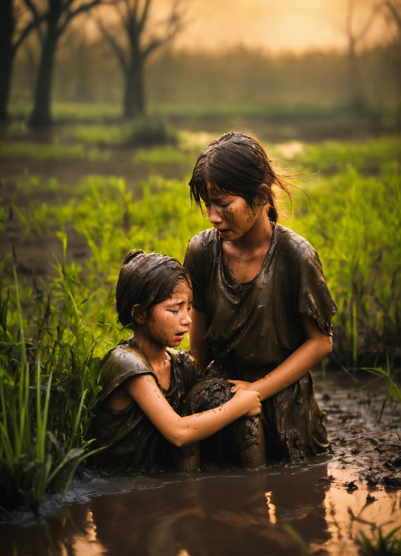 Lexica - 2girls, exhausted ,girl covered in mud, in a swamp, struggling ...