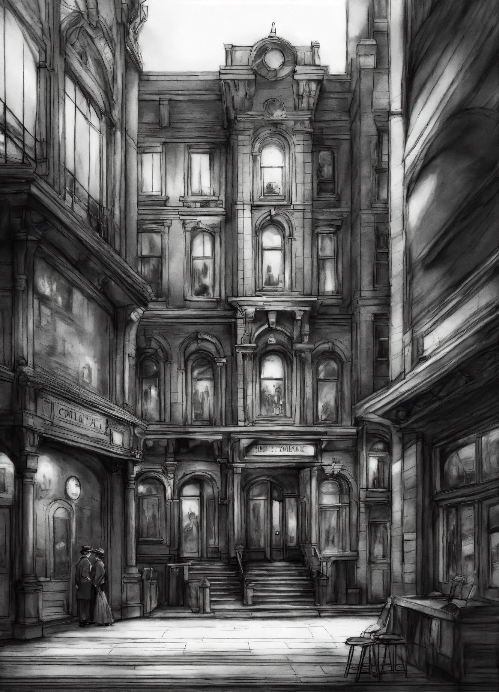 Lexica - A scene of a cinema in a victorian, Steampunk city. greyscale ...