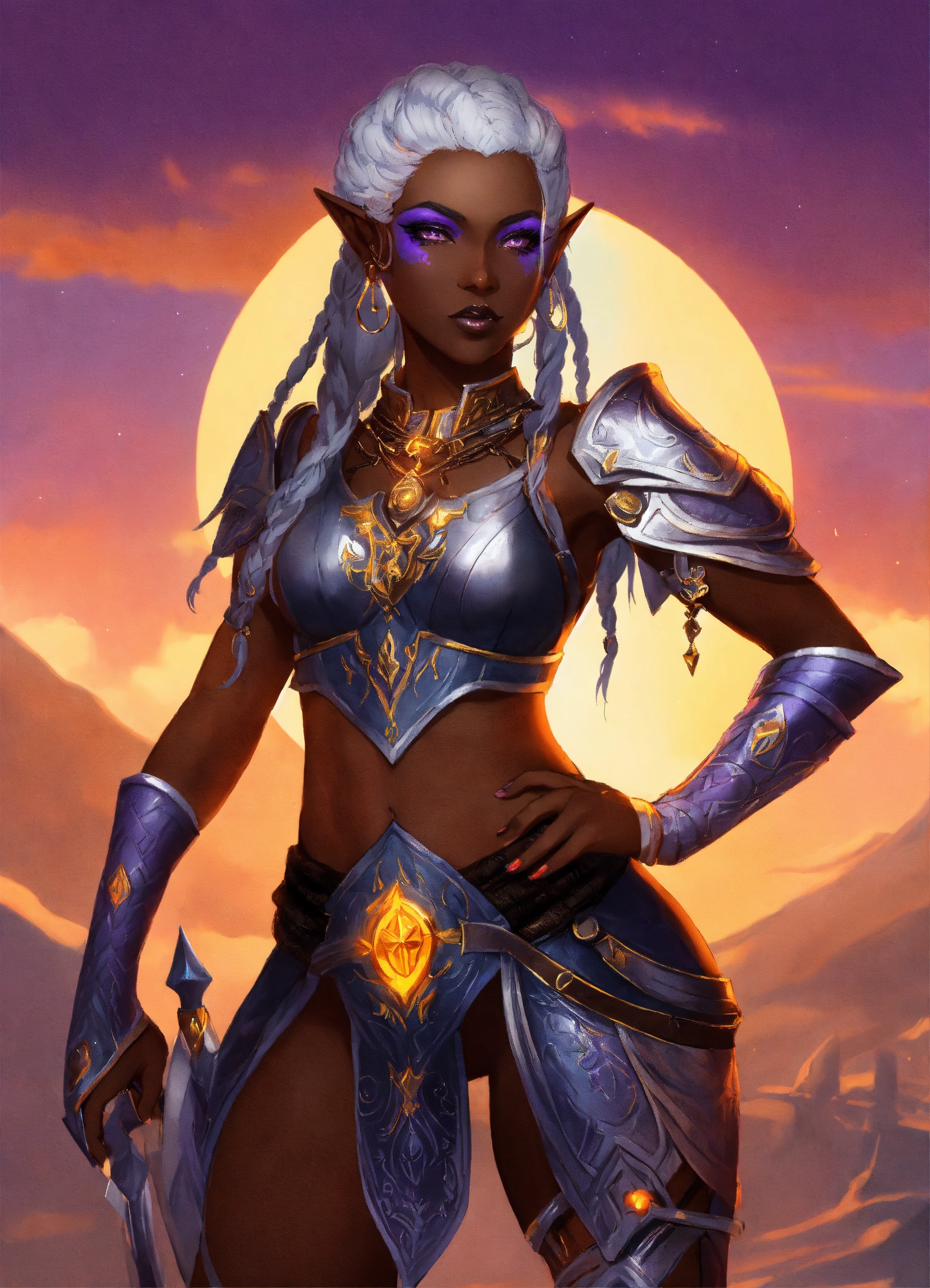 Lexica - A beautiful drow woman in sun themed armor. she has black braids and dark gray skin ...