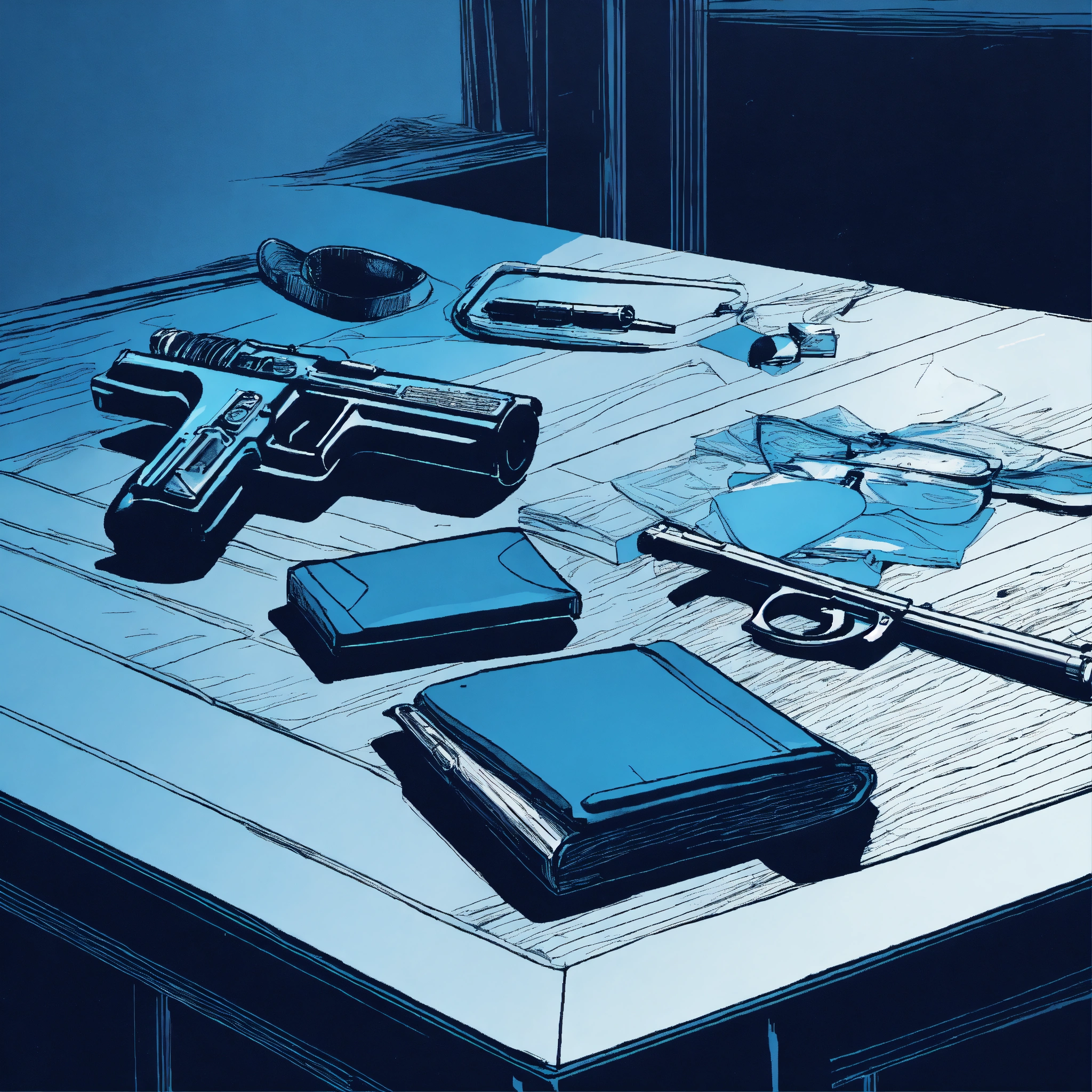 Lexica - Crime screen gun on table, detective lineart moody blue simple