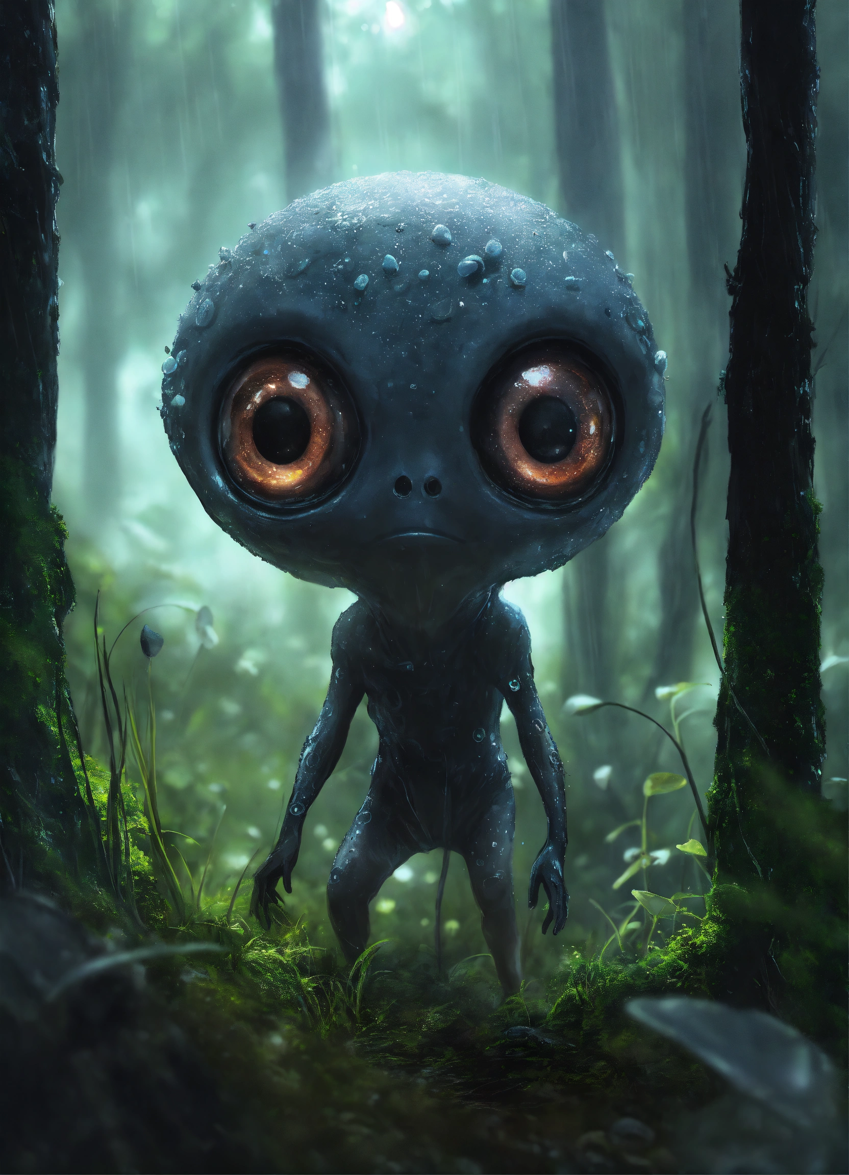 Lexica - A grey alien , big eyes blacks , like a globin, mushrooms ...