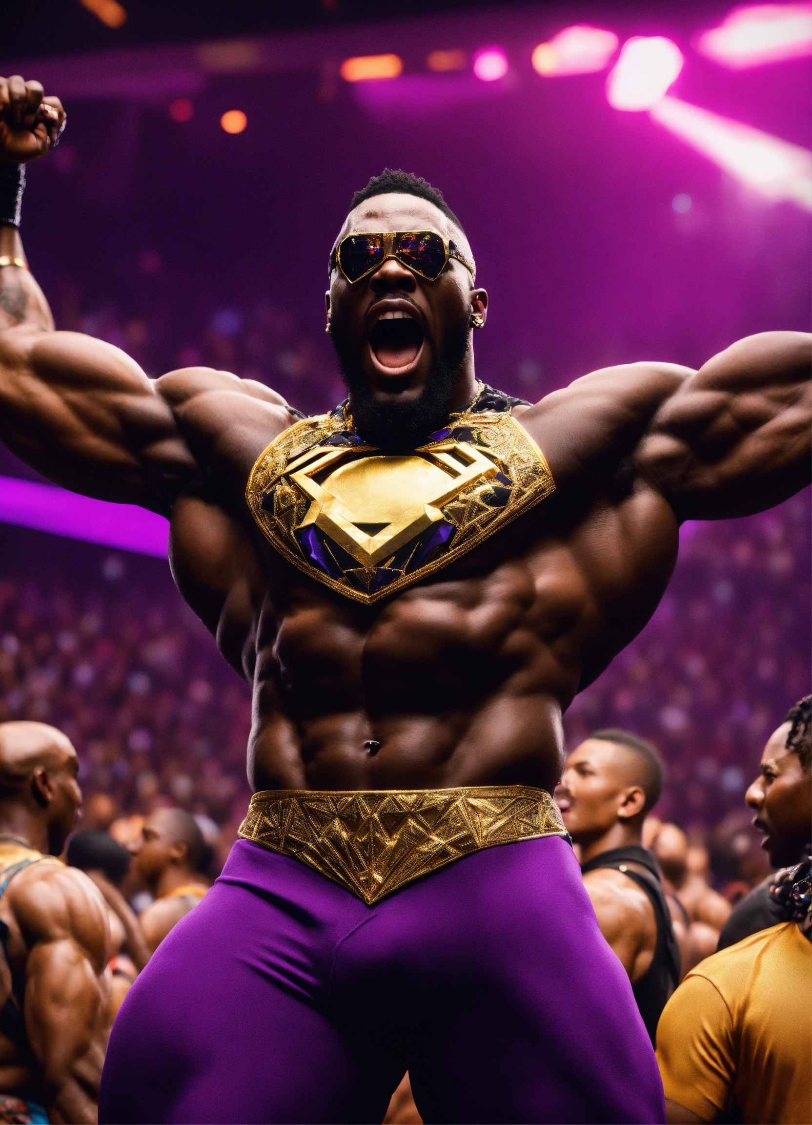 Lexica - An image of a huge bodybuilder African superhero wearing ...