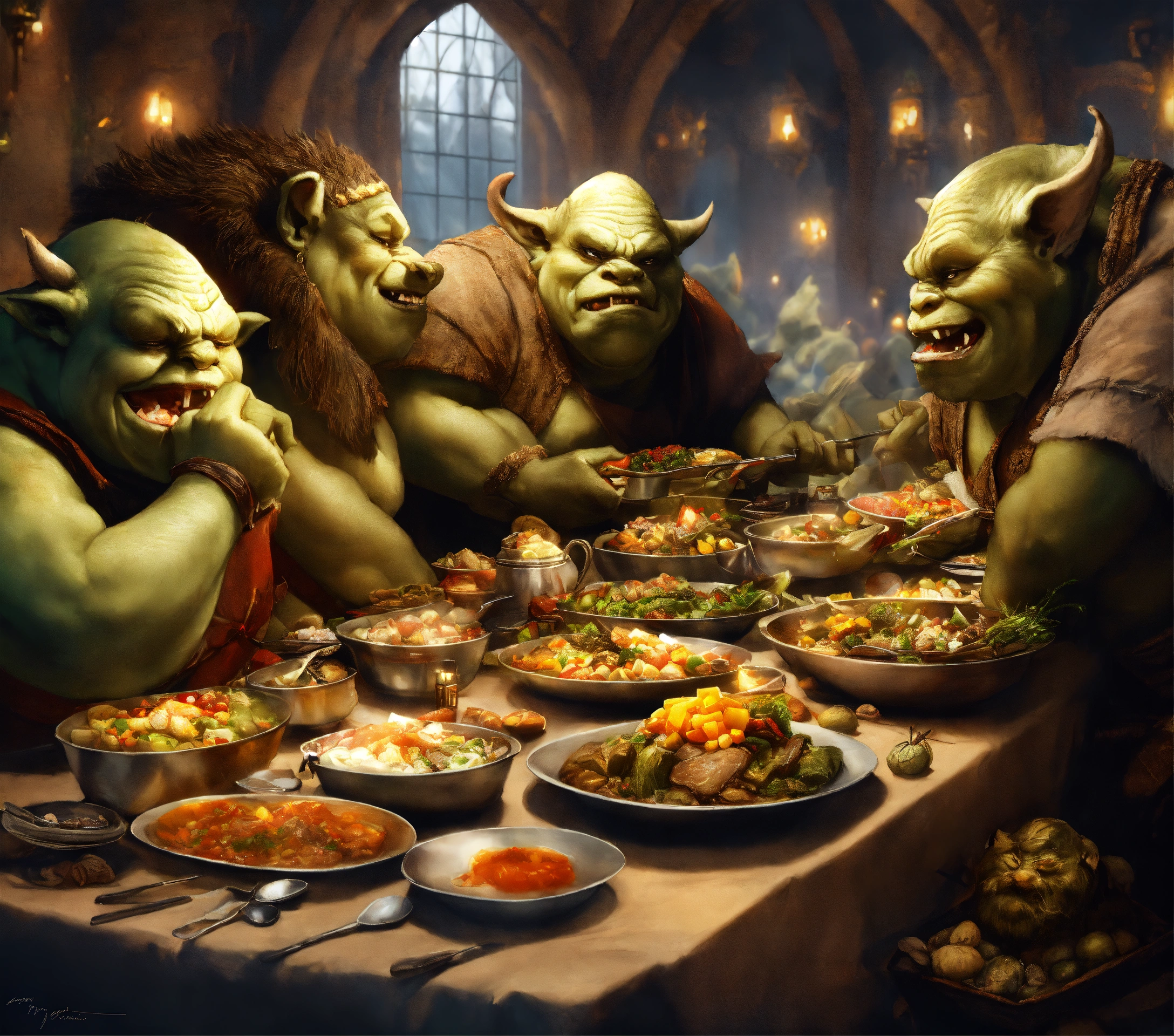 Lexica - Many ogres eating on a joyfull banquet , digital painting ...