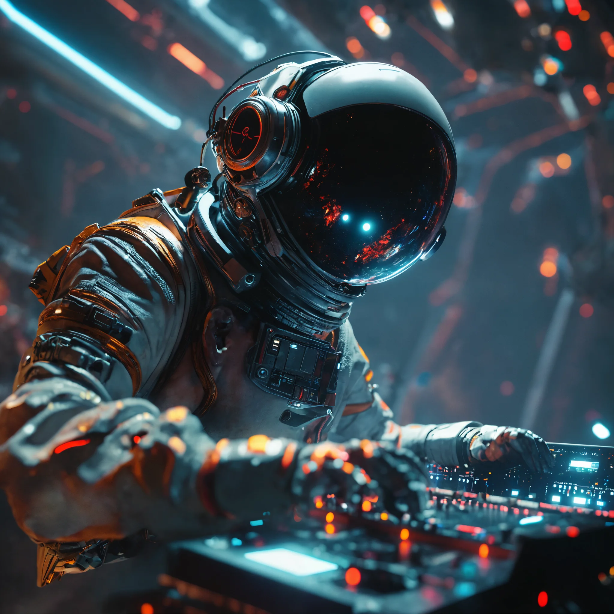 Lexica - A cyborg deejay in space, cinematic, 8k