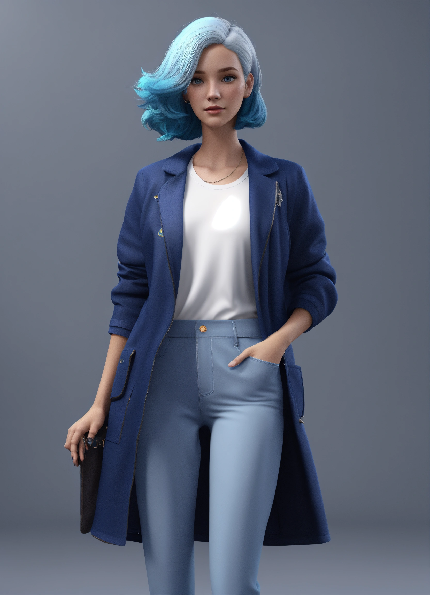 Lexica - (standing white woman), dark blue jacket, white t-shirt, accurate hair, light blue hair ...