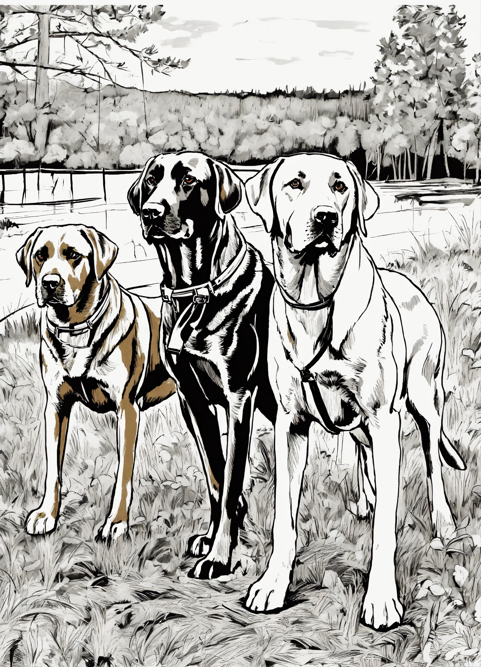 Lexica - Black and white bold line drawing, three Labrador retrievers ...