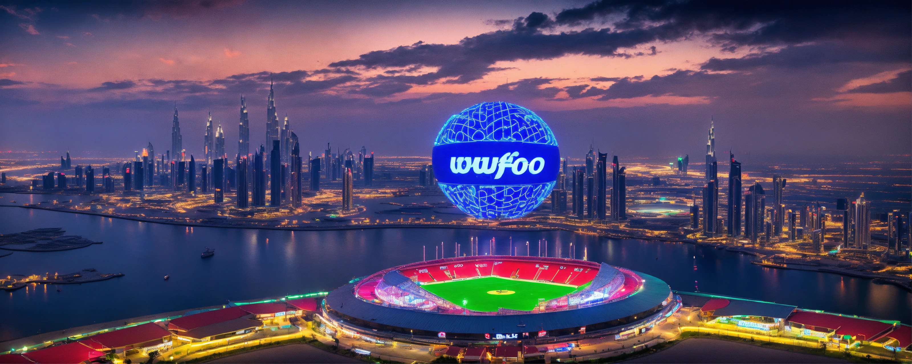 Lexica - Ball shaped stadium name WOFO with ball logo WOFO neon lights ...