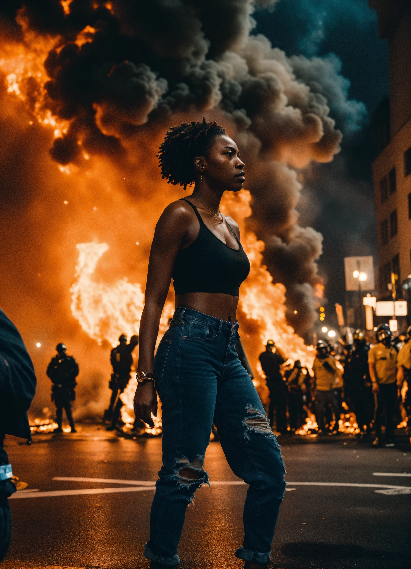 Lexica - Dark aesthetic photo, an black man amidst a chaotic street ...