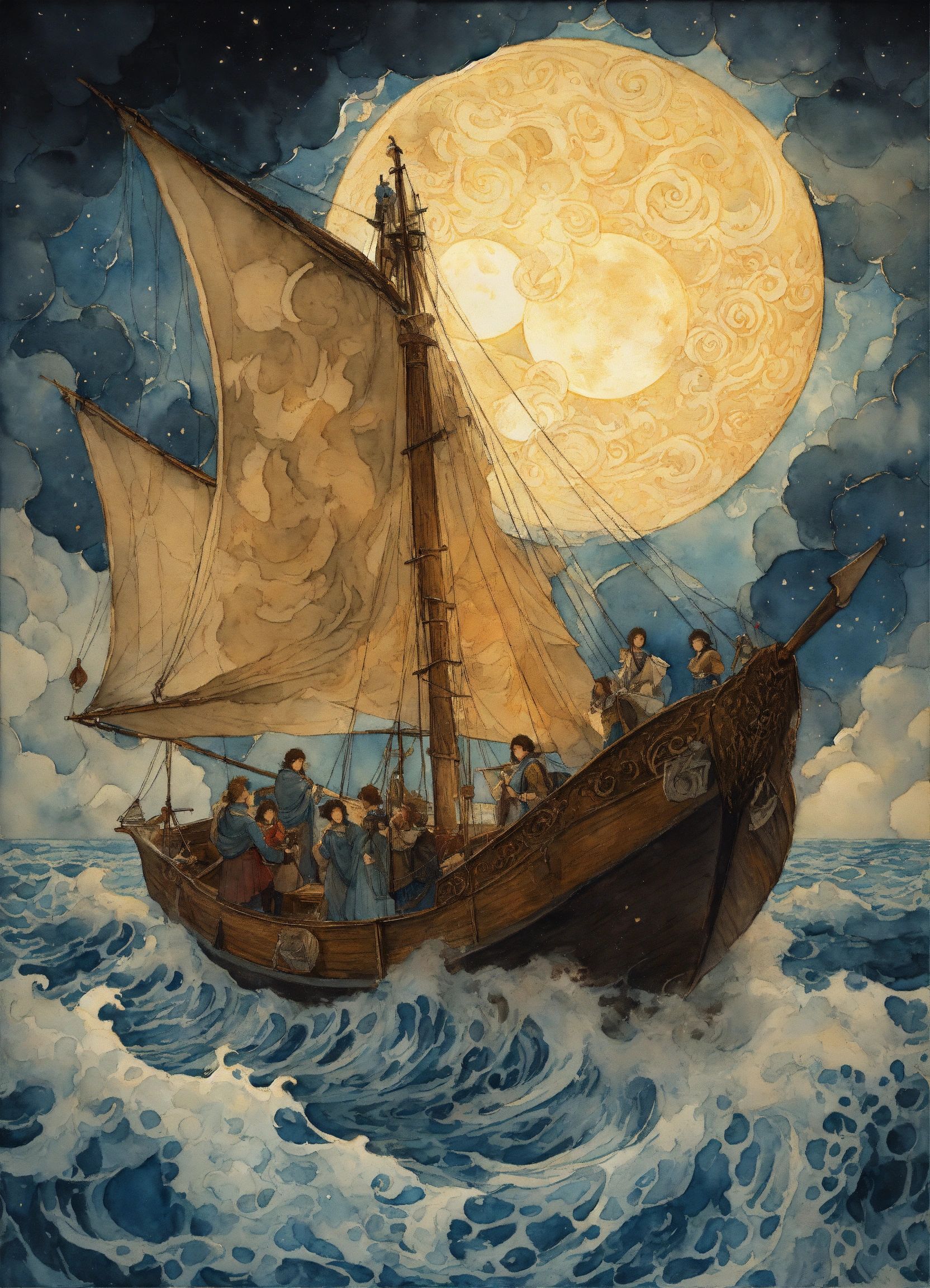 Lexica - A boat in a storm with crew holding sails. Tessellation ...