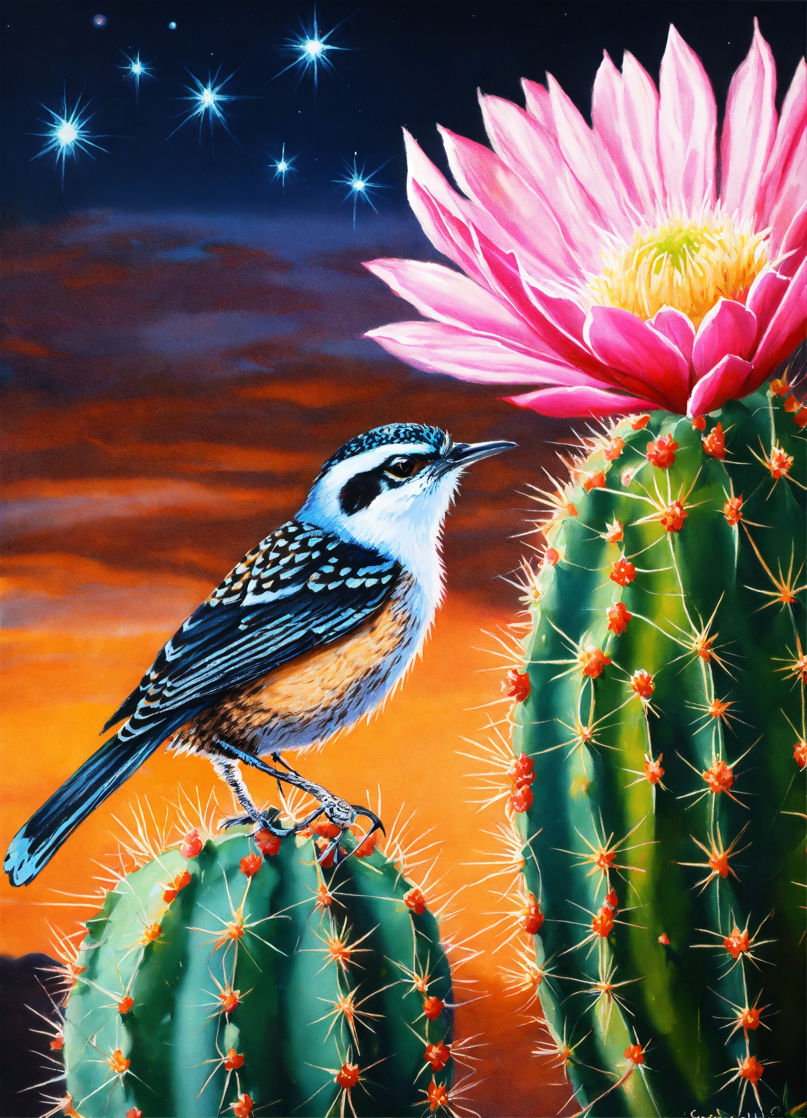 Lexica - Arizona state bird cactus wren on cactus flower painting art ...