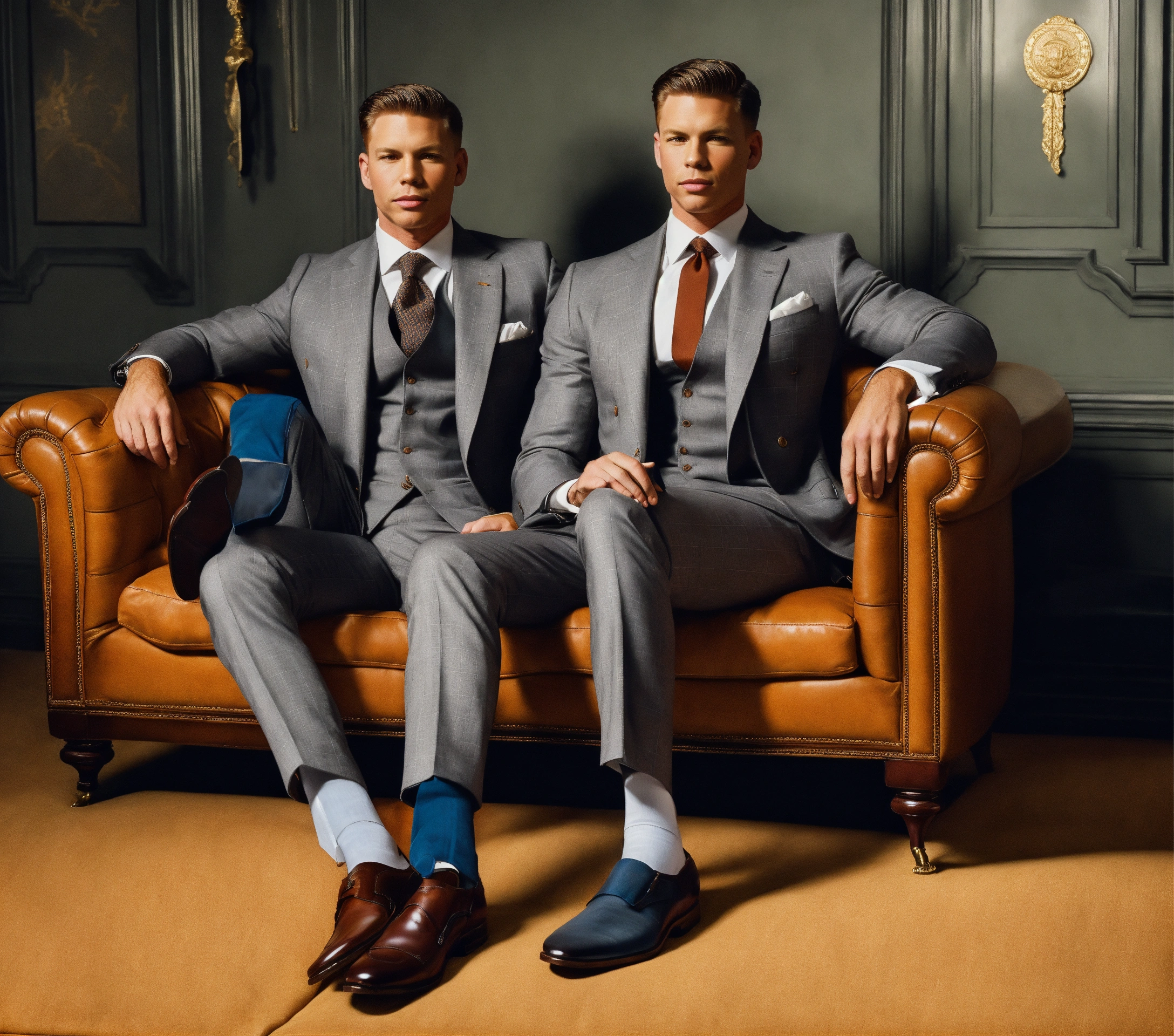 Lexica - Two muscular male Ceo in grey vested suit, club tie, crossing ...