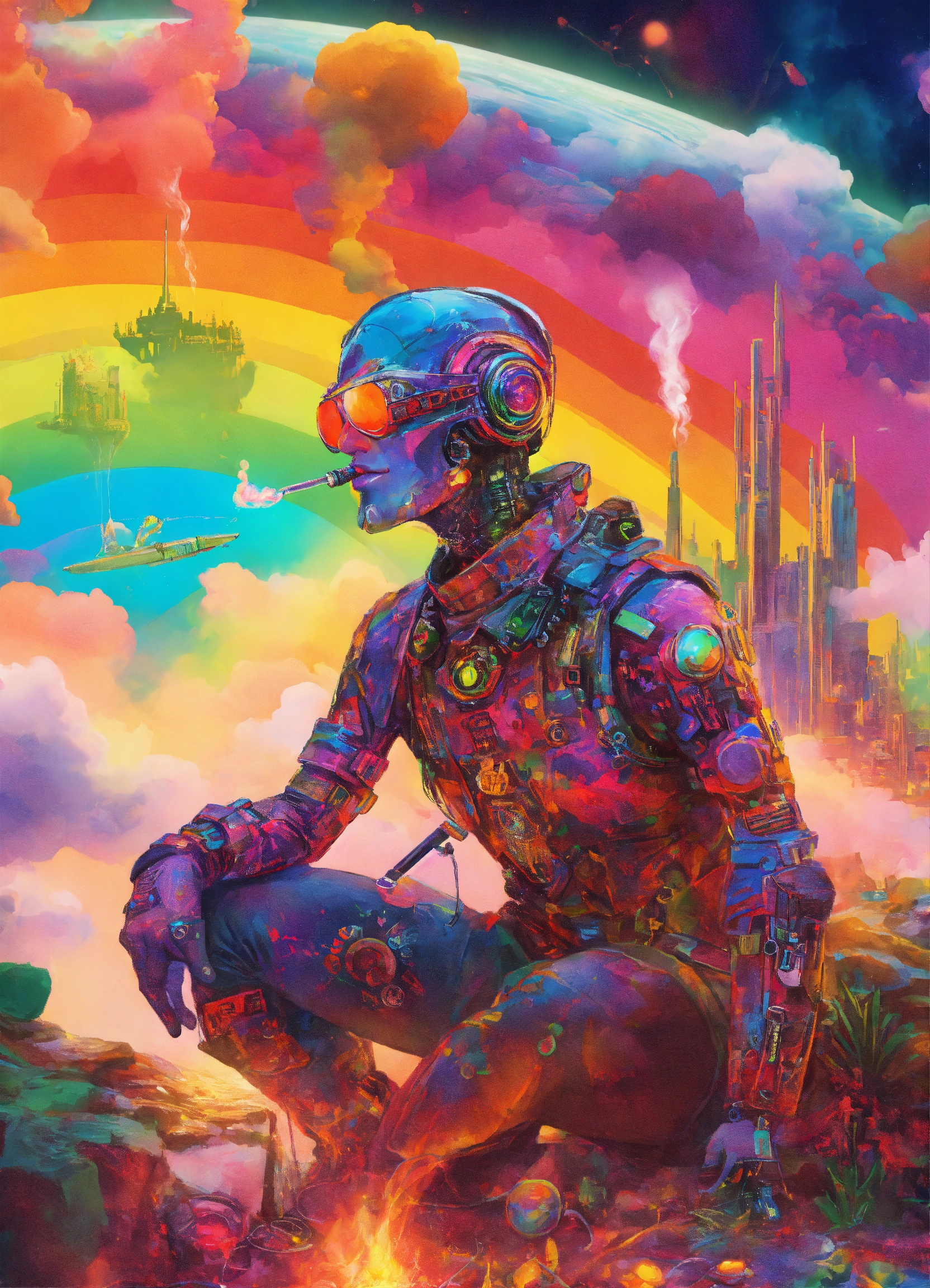 Lexica - Cyborg else groovy poster smoking a pipe in a magical trippy ...