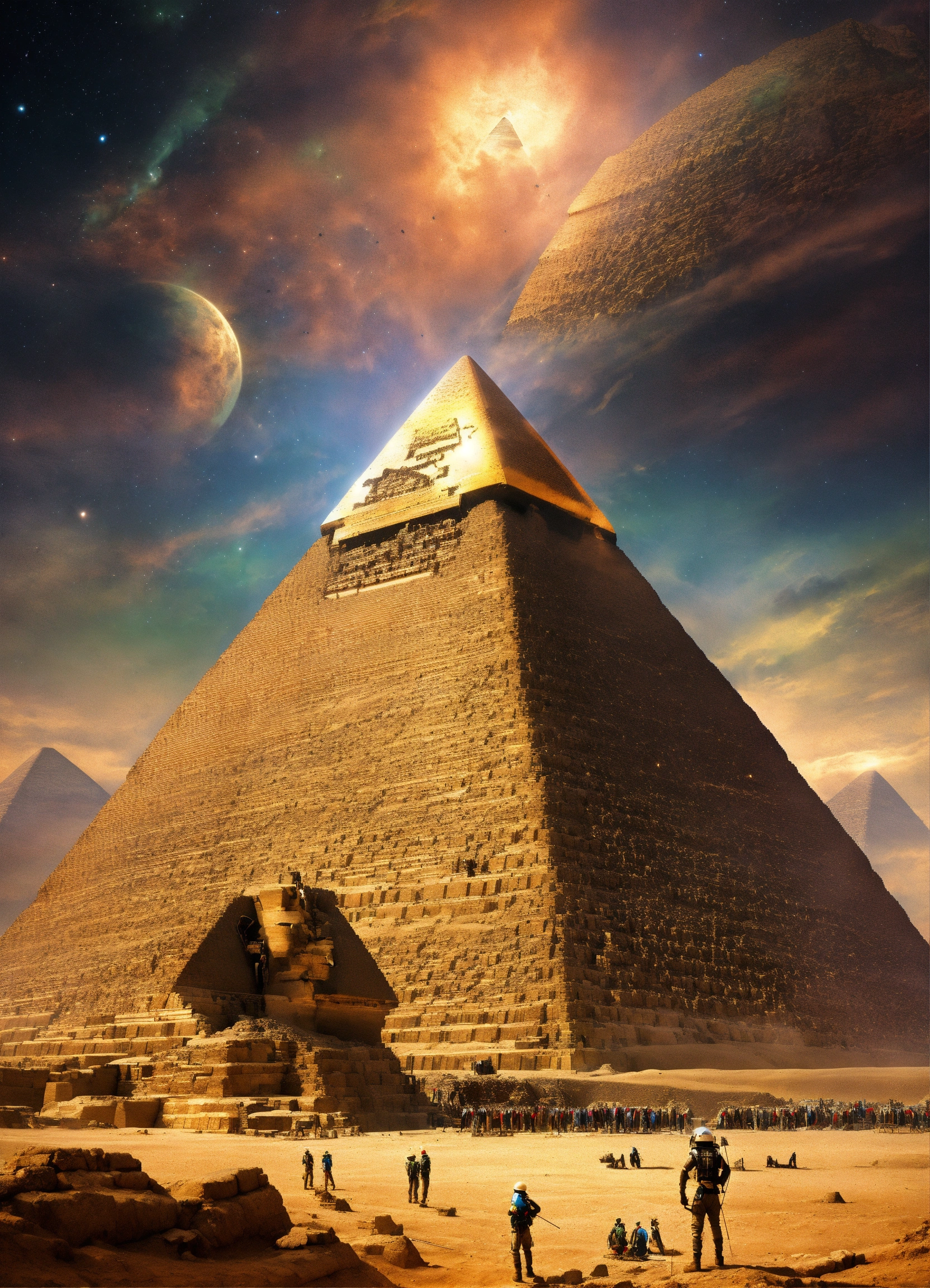 Lexica - Many aliens building the great pyramid , historic paint