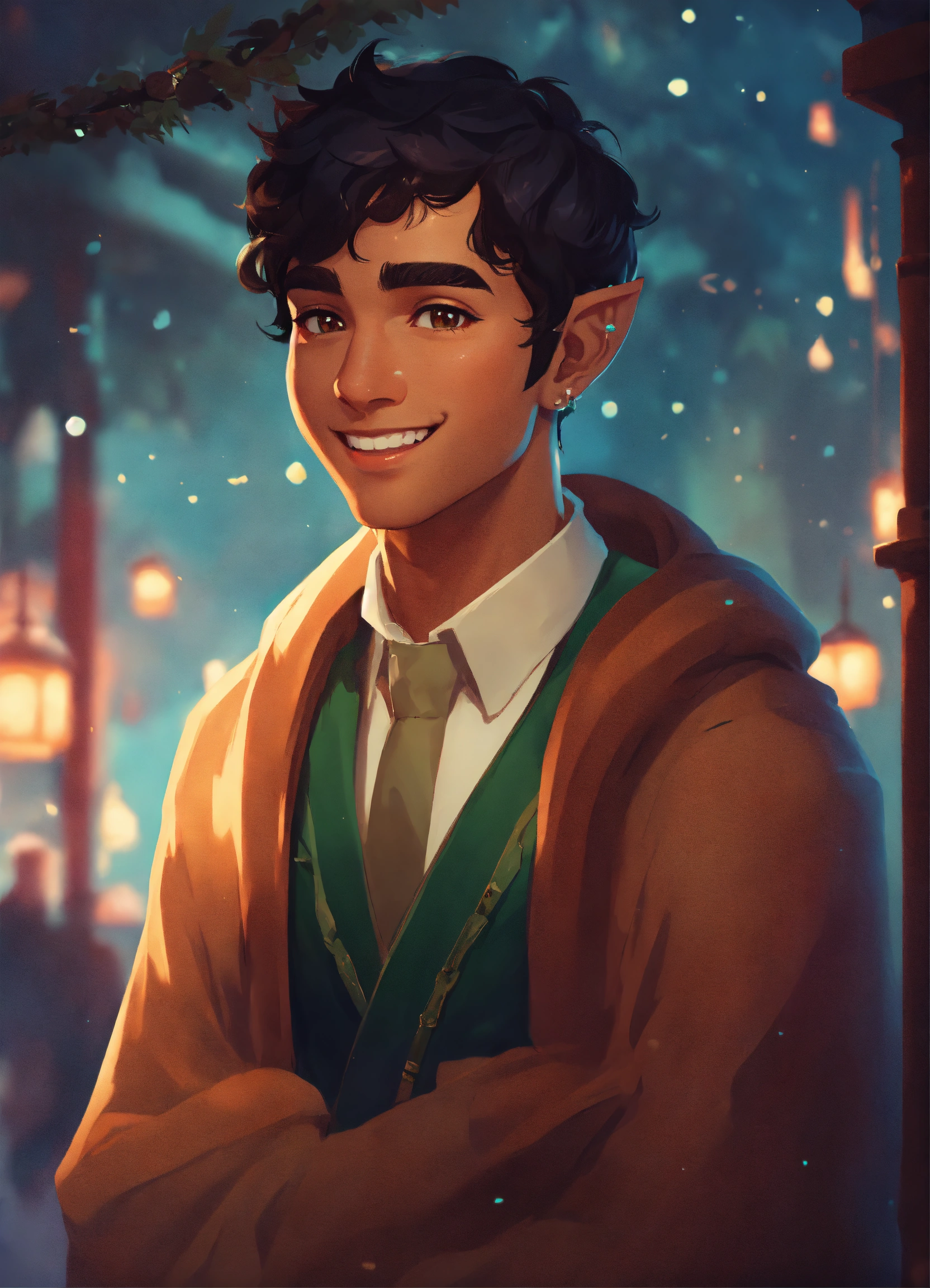 Lexica - 25 year old elf man, black hair, tan skin, hazel eyes, smile ...