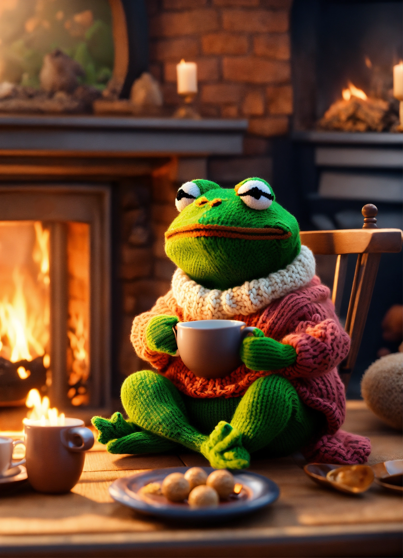 Lexica - Three female tiny pepe the frog sipping tea wearing a cozy ...