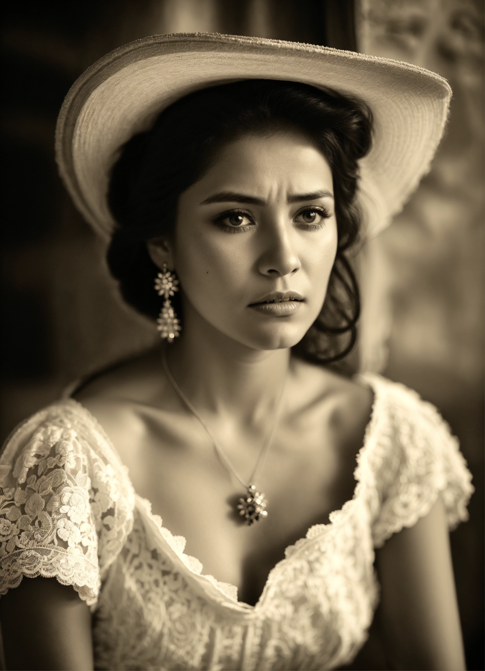 Lexica - Sad mexican woman in white dress old black-white pictures