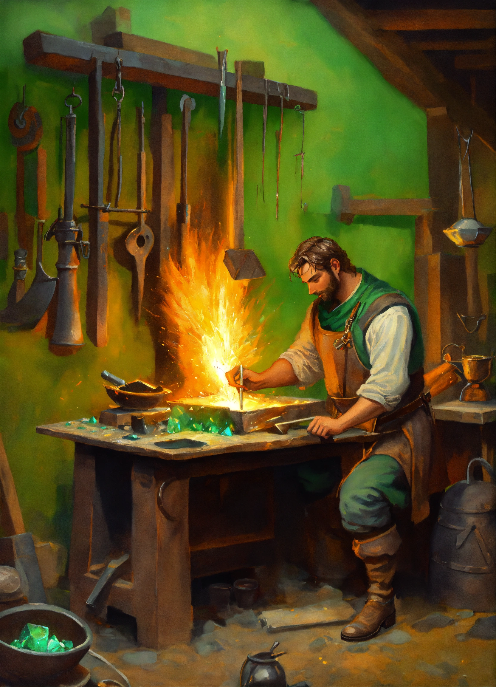 Lexica - Fantasy painting of Medieval Blacksmith, forging a green ...