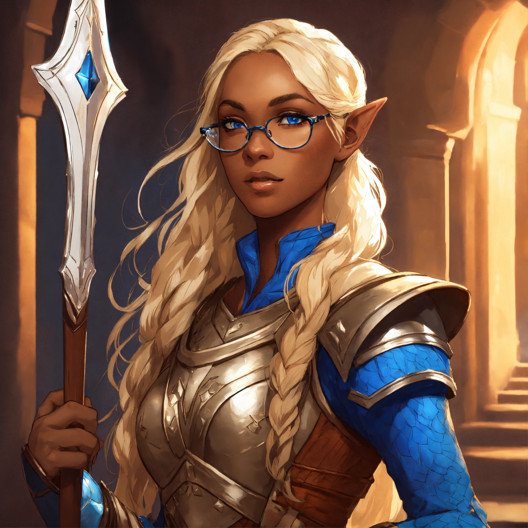 Lexica - A very brown skinned half elf woman, wearing glasses with deep ...