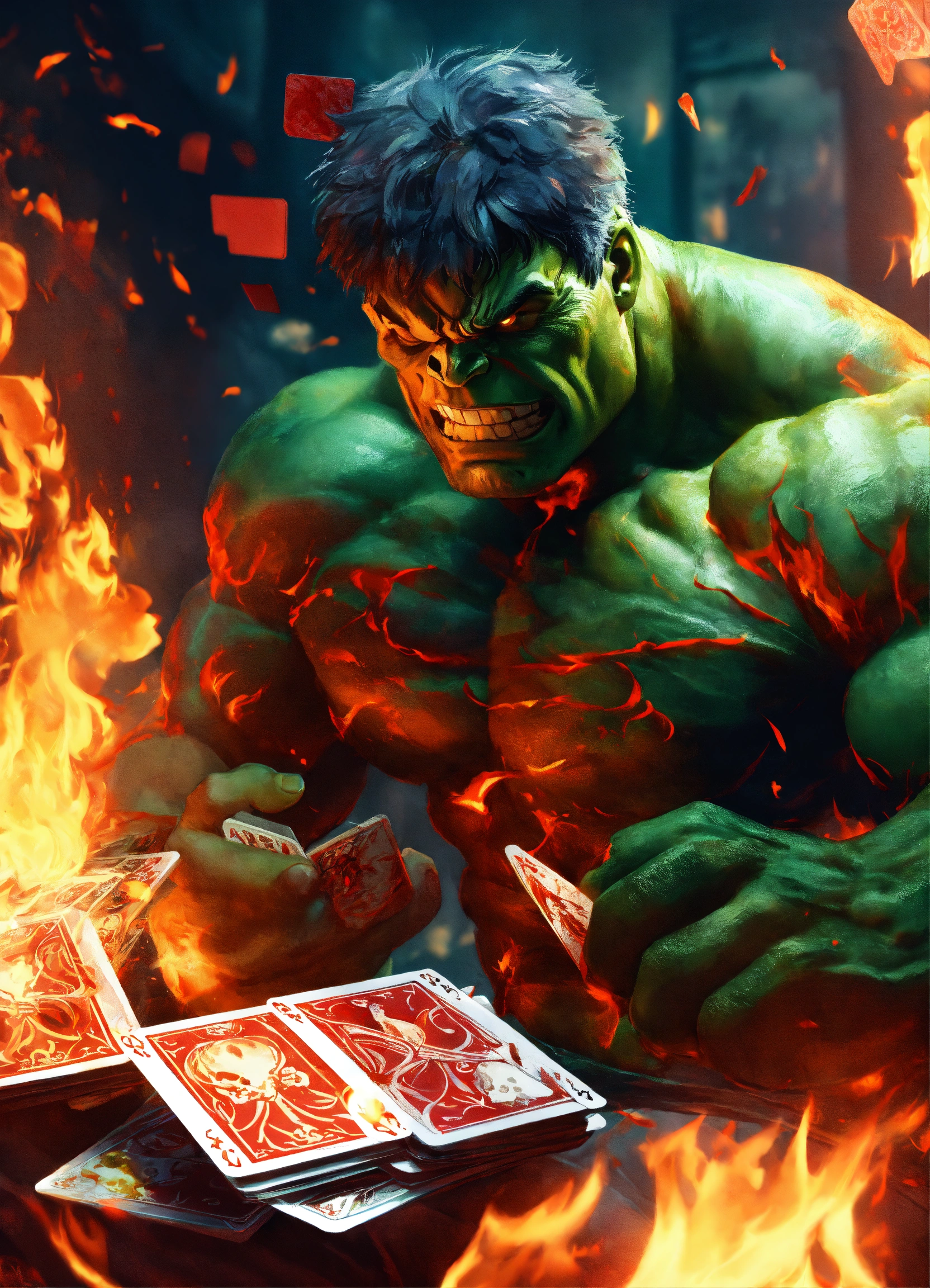 Lexica - A hulk with a skull face holding cards with flames in his ...