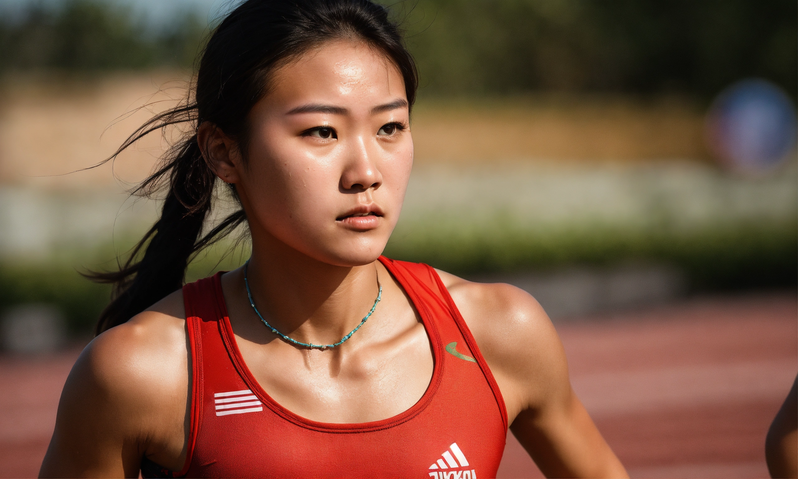 Lexica - Mid-day at a track field. Ultra close-up shot of an 18-year ...