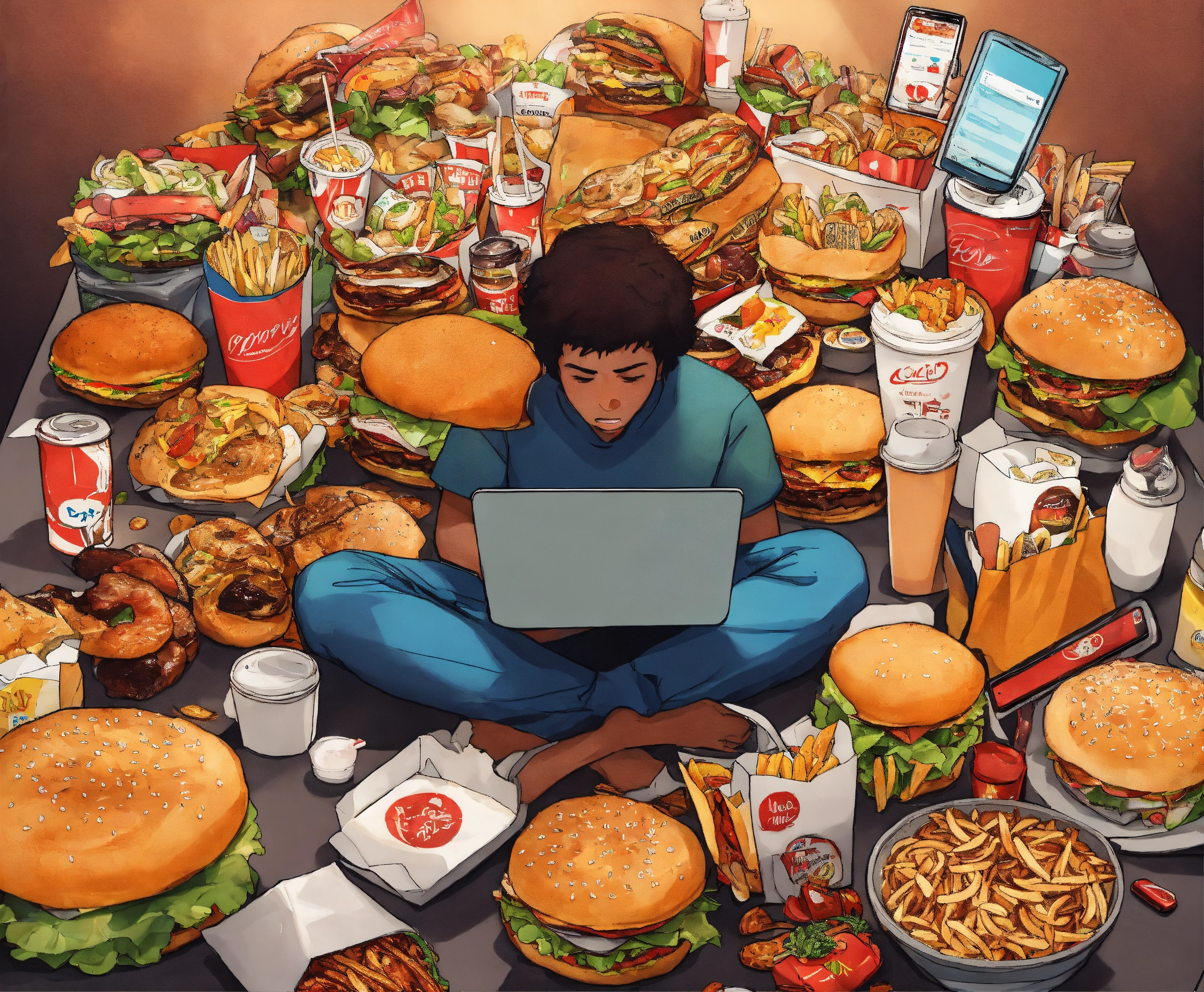 Lexica - Overwhelmed person surrounded by fast food, screens, cell ...