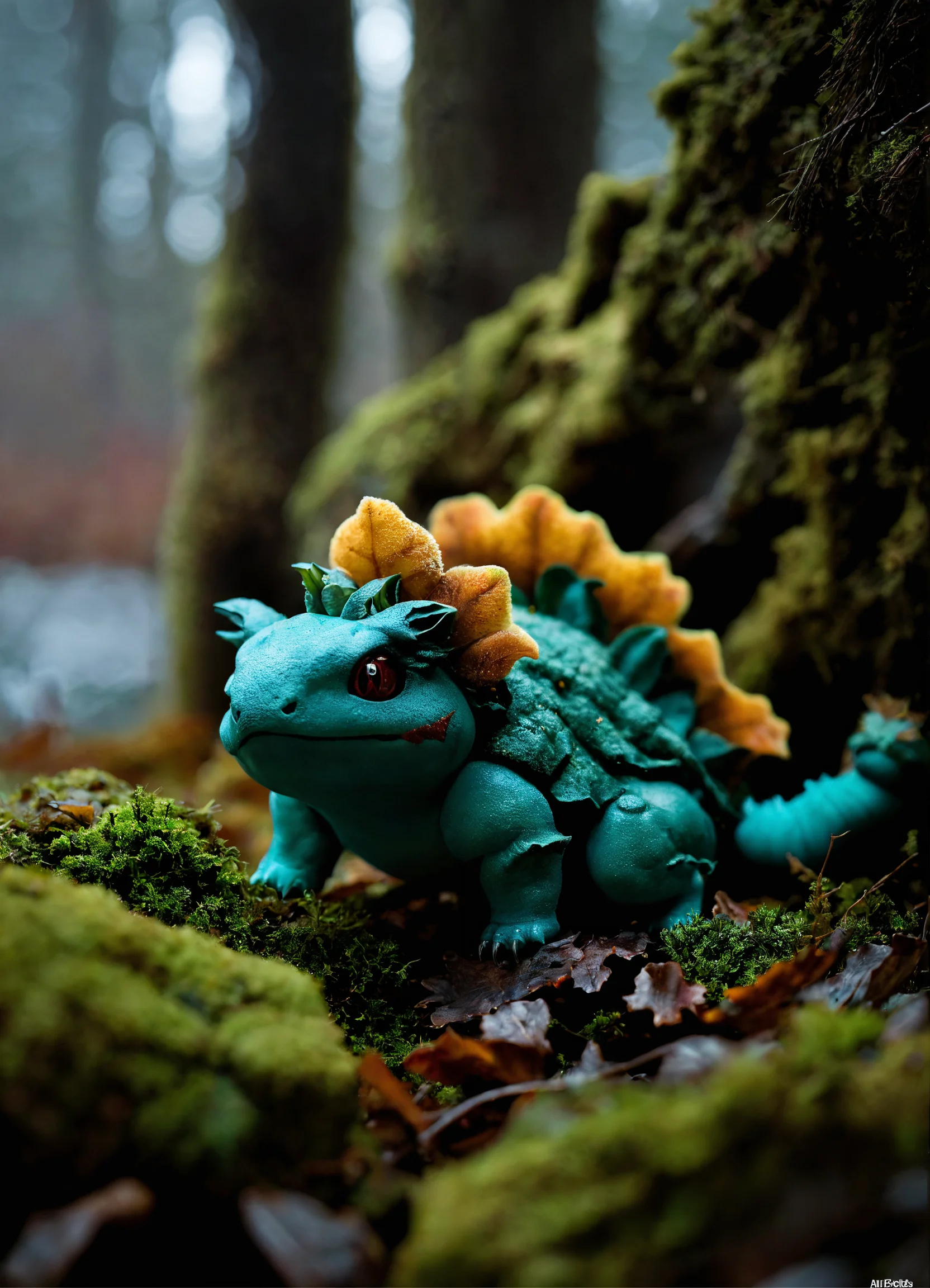Lexica - A realistic venusaur animal among the trees, forest lake, moss ...