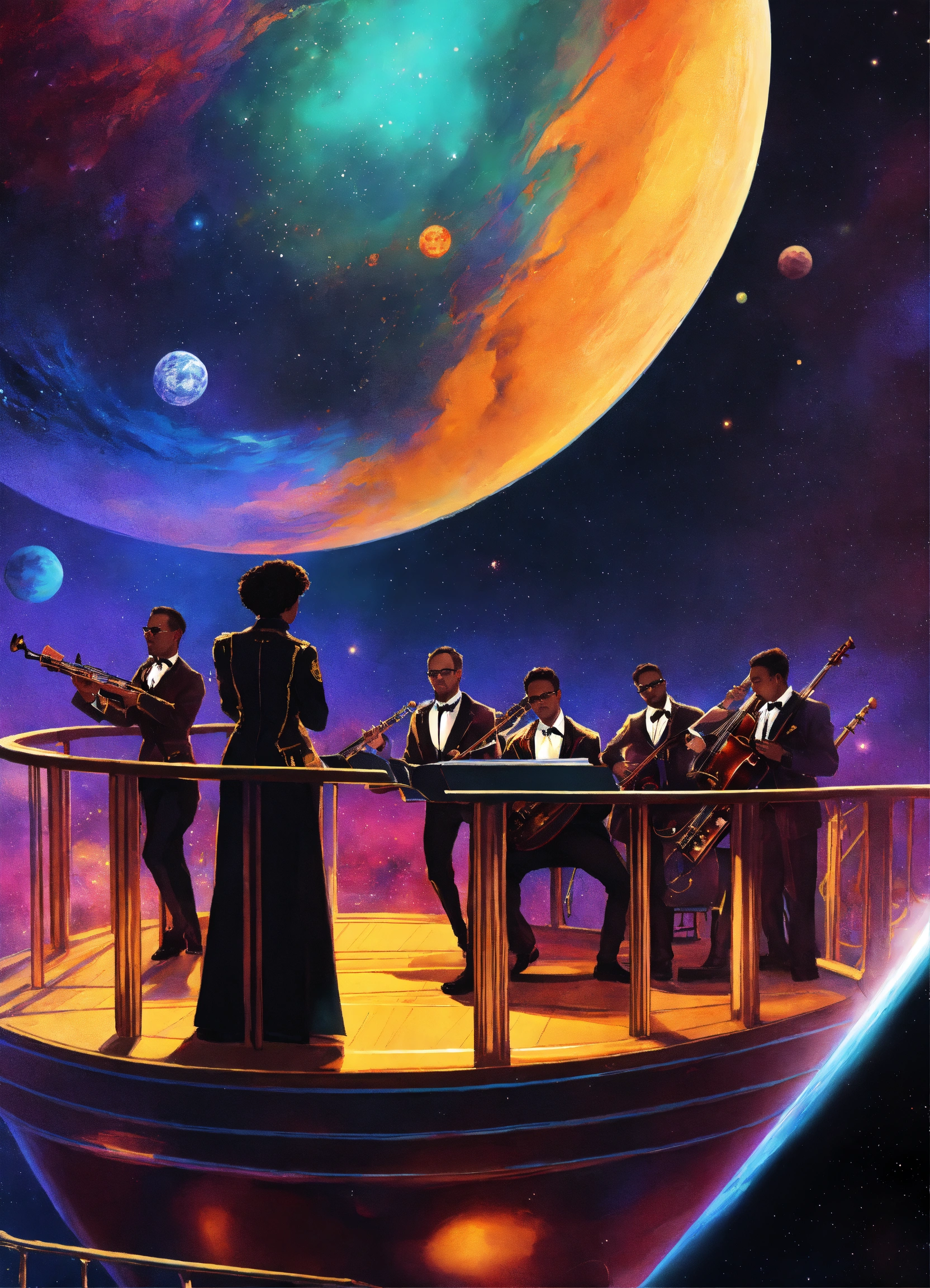 Lexica - A black orchestra playing on the deck of a grand starship ...