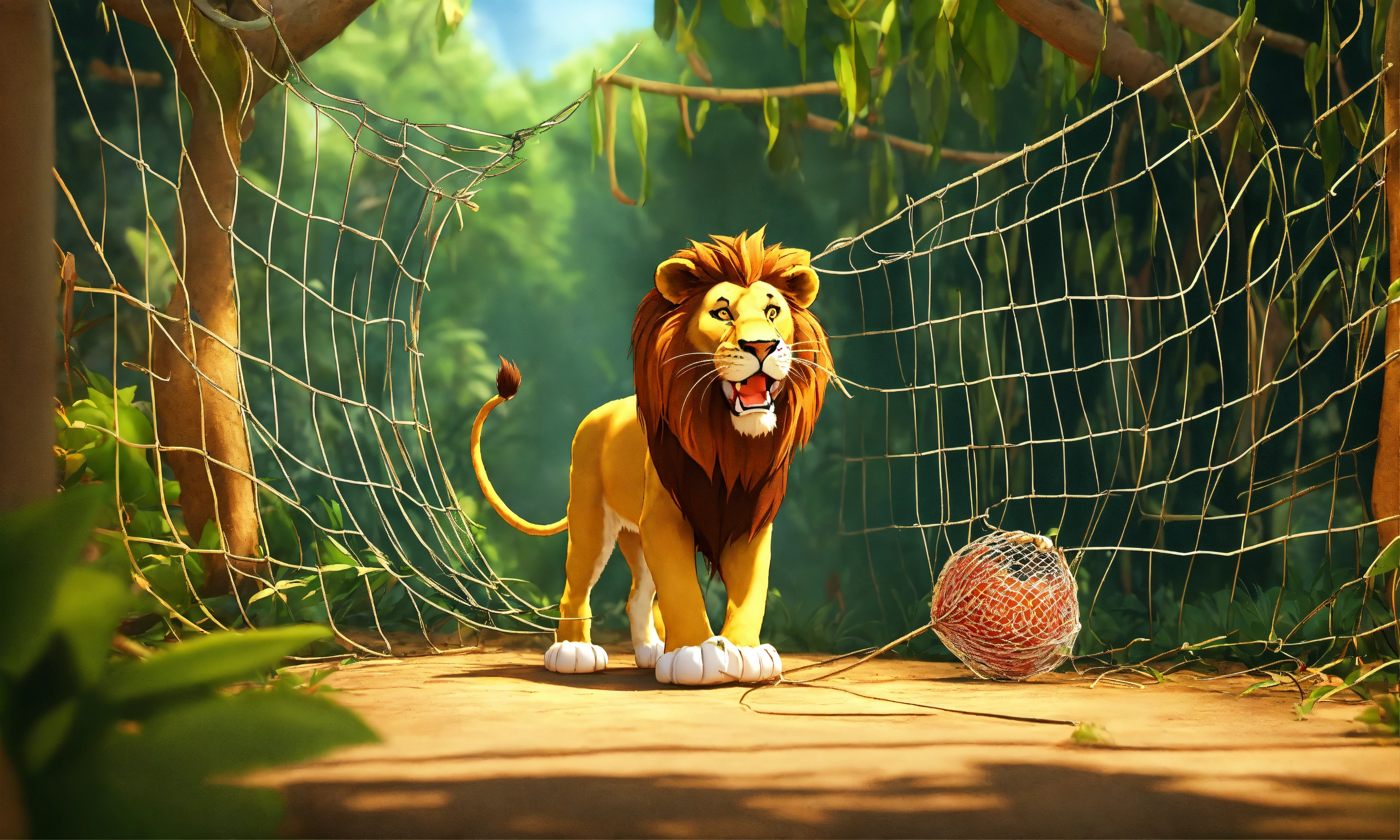 Lexica - 3d cartoon style, in a jungle when big lion trapped in net a ...