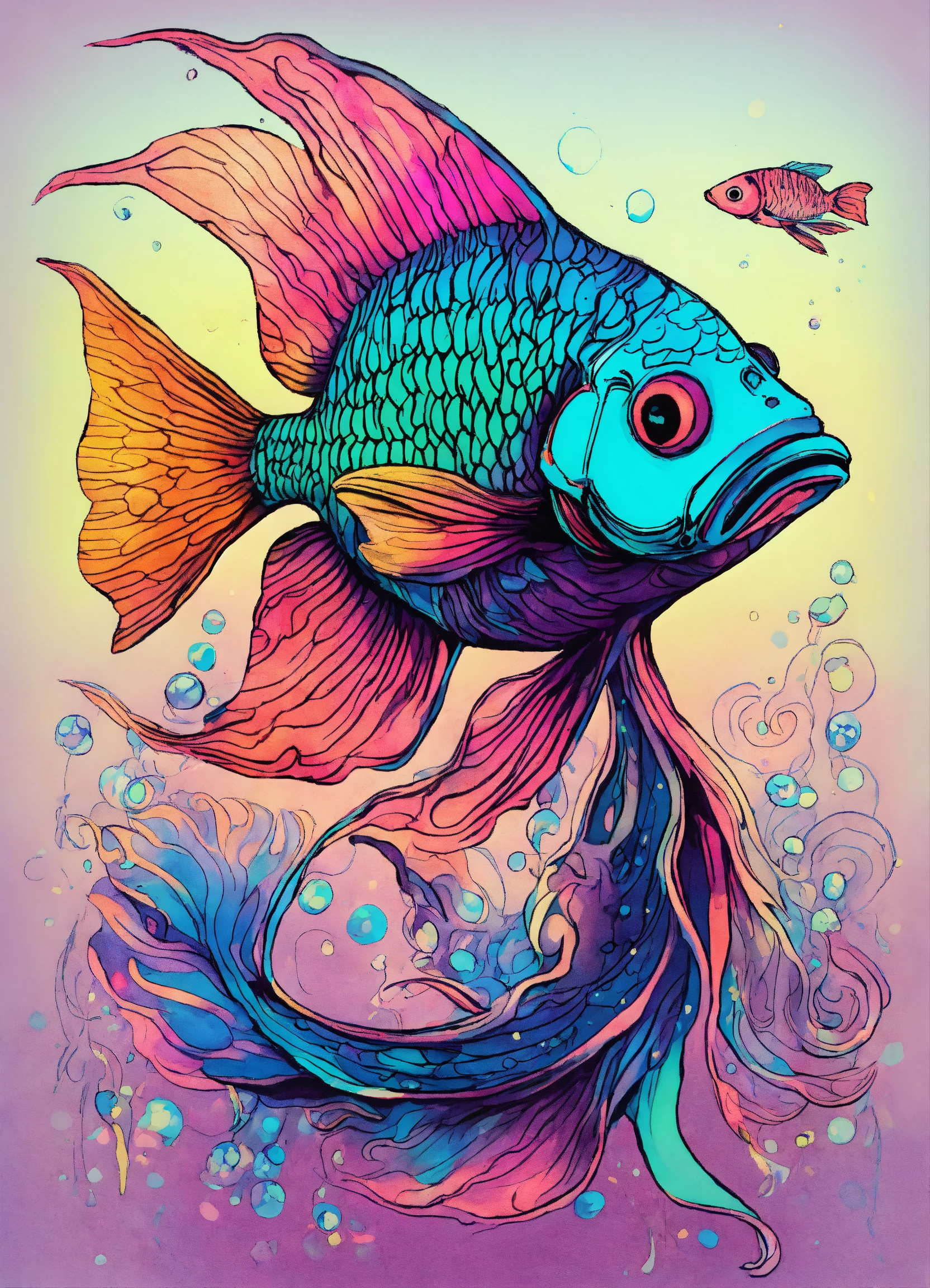 Lexica - INK DRAWING MYSTICAL fish in fluo colour blend NO BACKGROUND