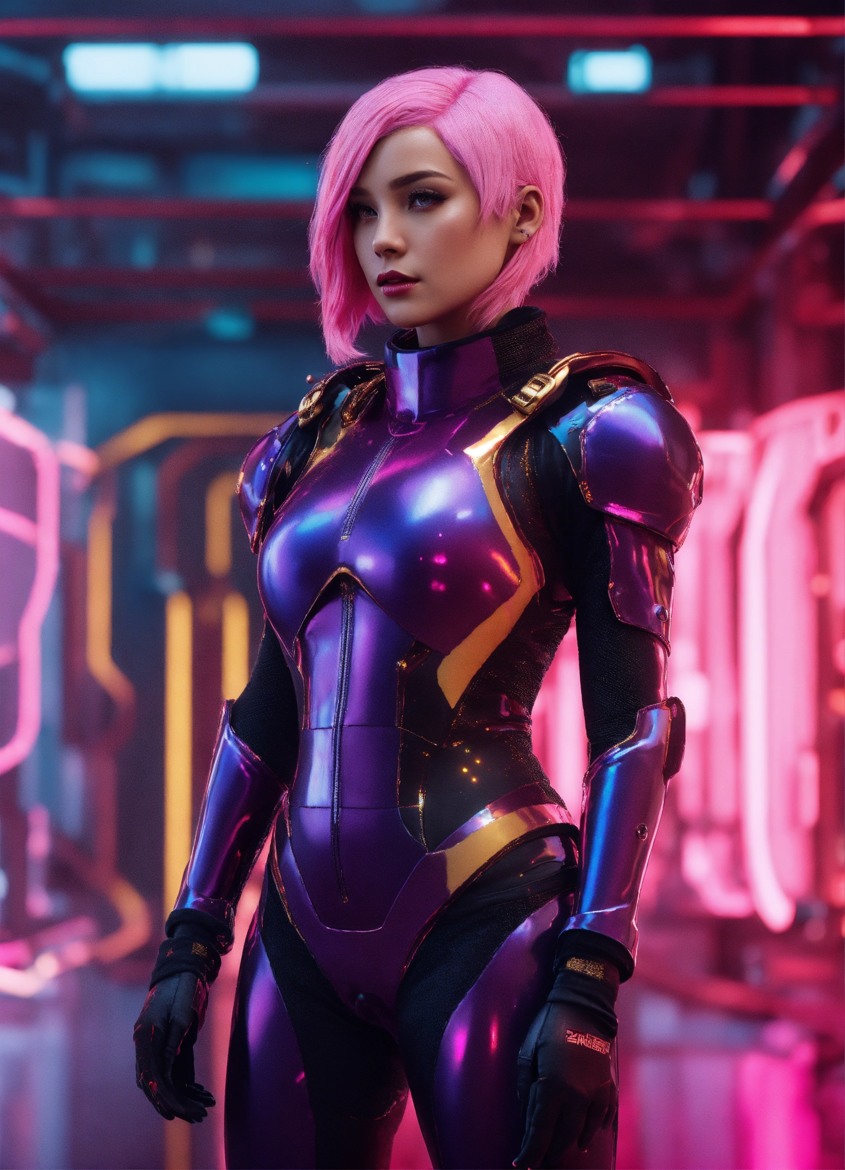 Lexica - An iridescent purple and black steel tight space suit worn by ...