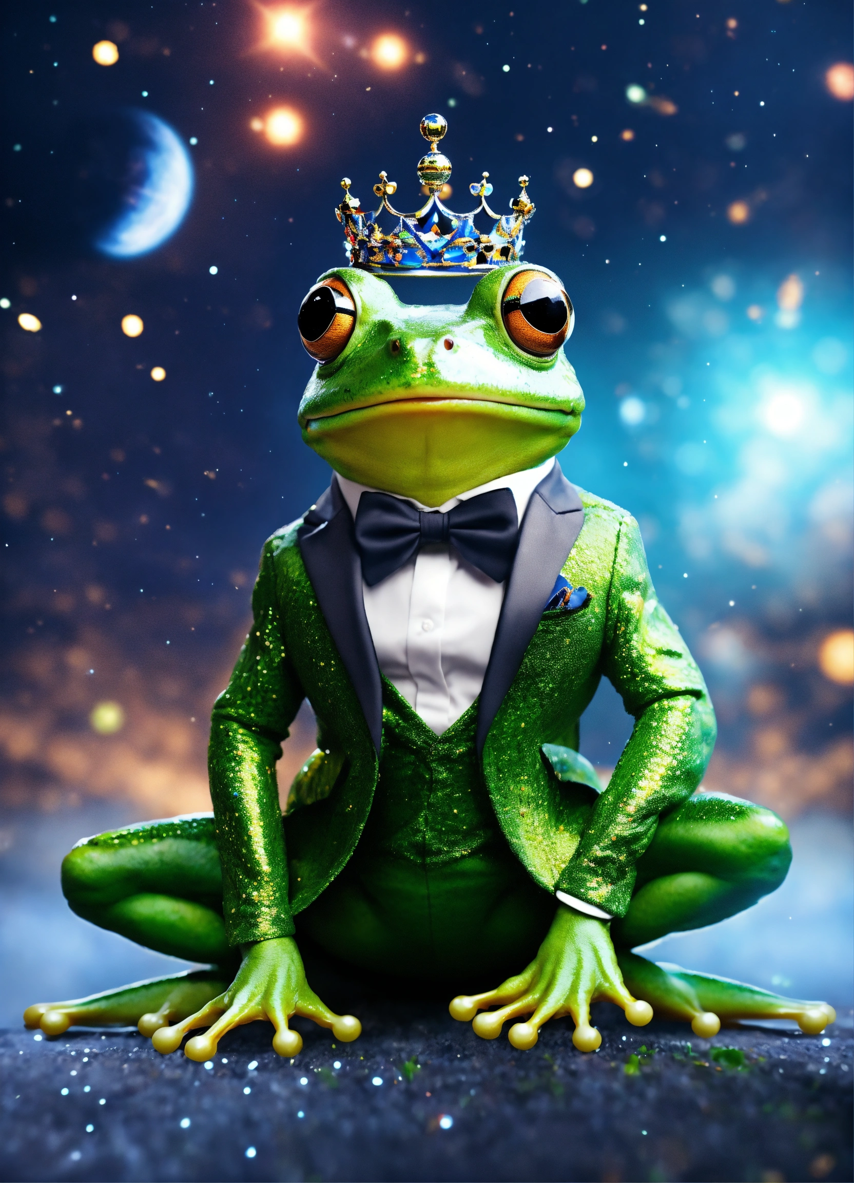 Lexica - Cute frog in suit and crown flying is astral in cosmos in ...