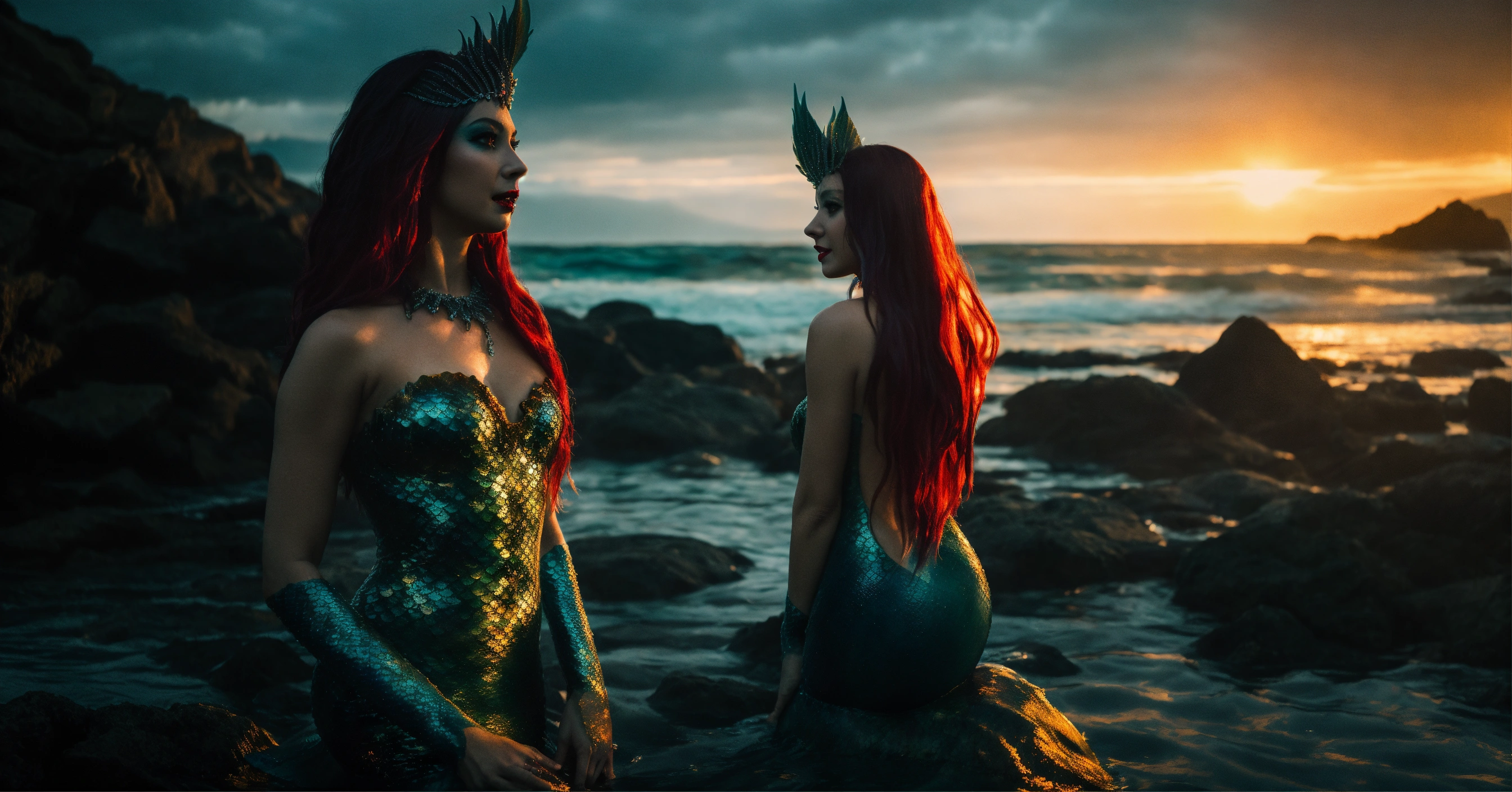 Lexica - Create a 4k detailed photo of two evil (mermaids) staring at ...