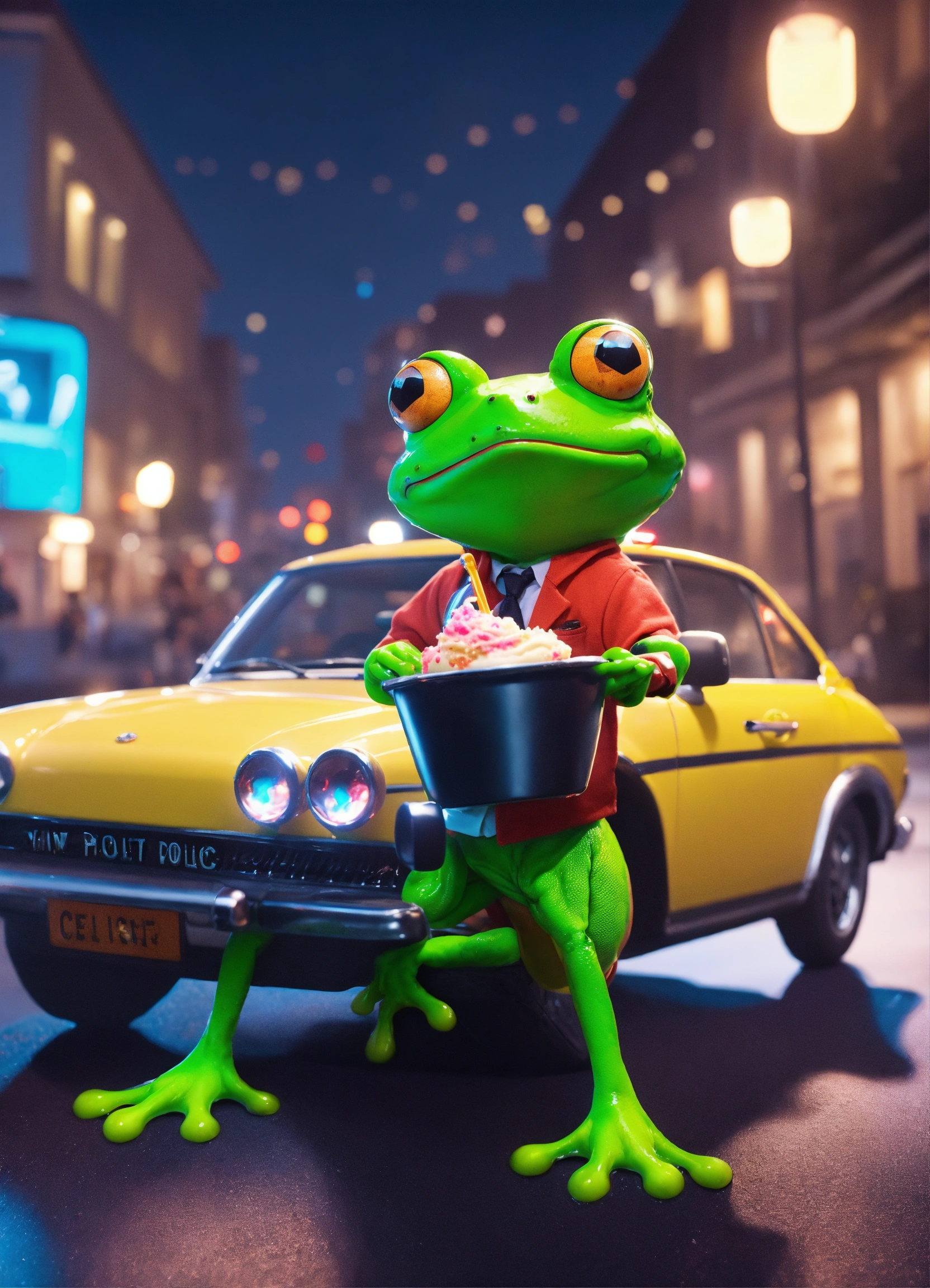 Lexica - Cute frog and frog mafia member driving car and eating ice ...