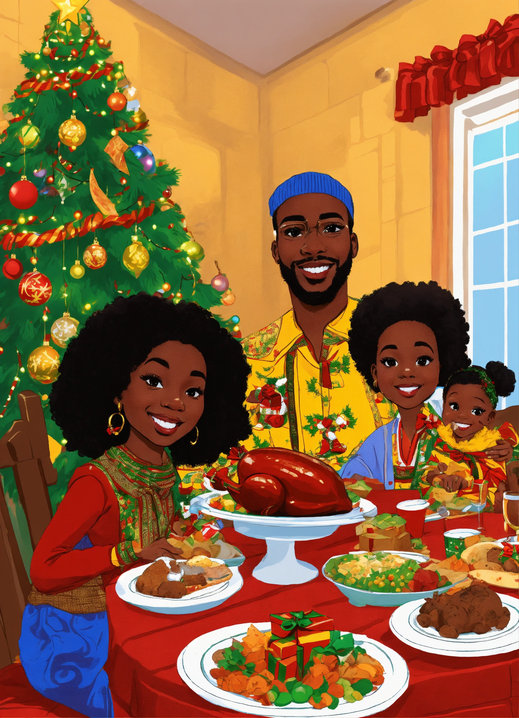 Lexica - Cartoon of black family dressed in Ashanti clothes, eating at ...
