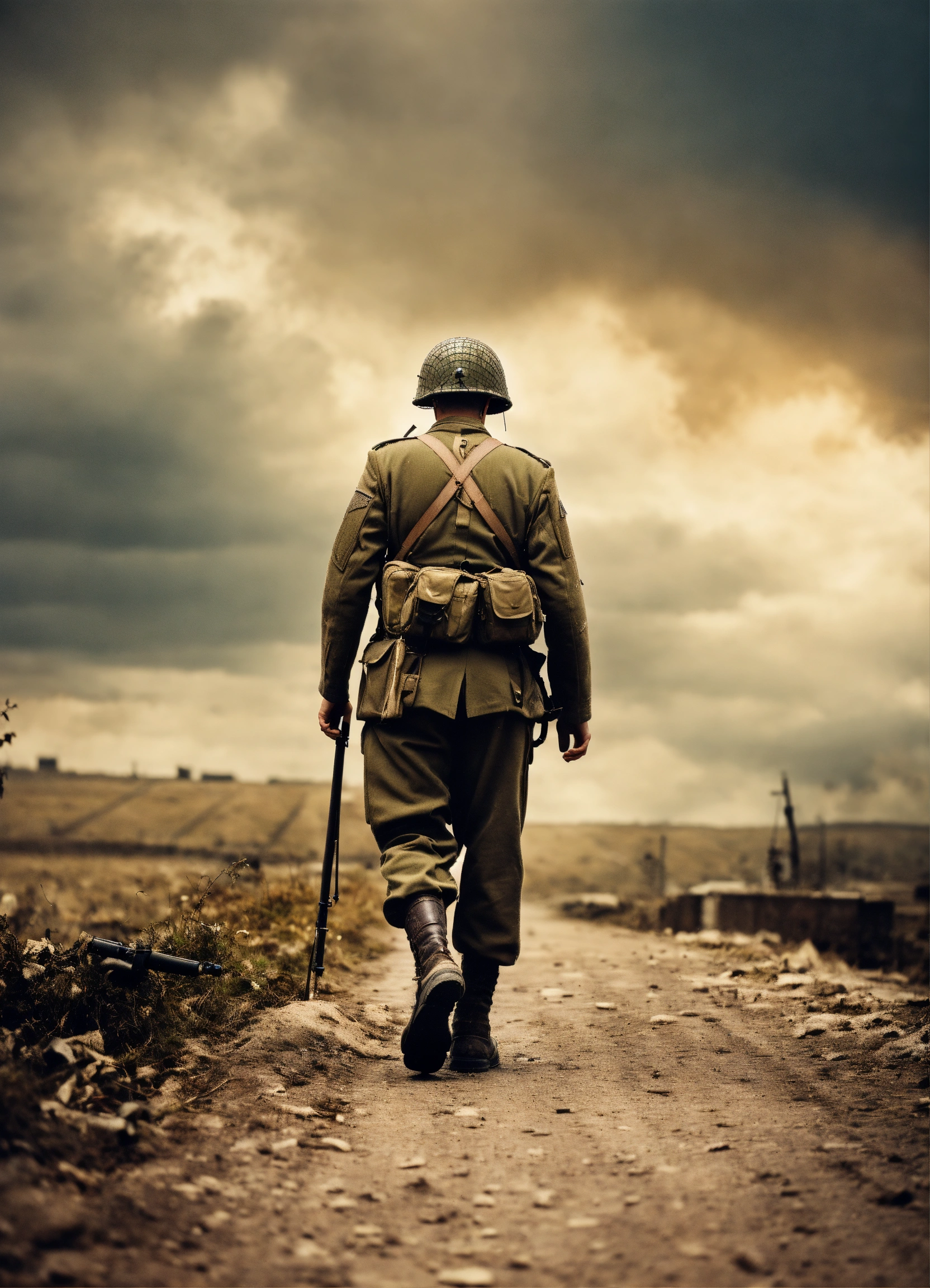 Lexica - Soldier alone exhausted and injured walking during World War II