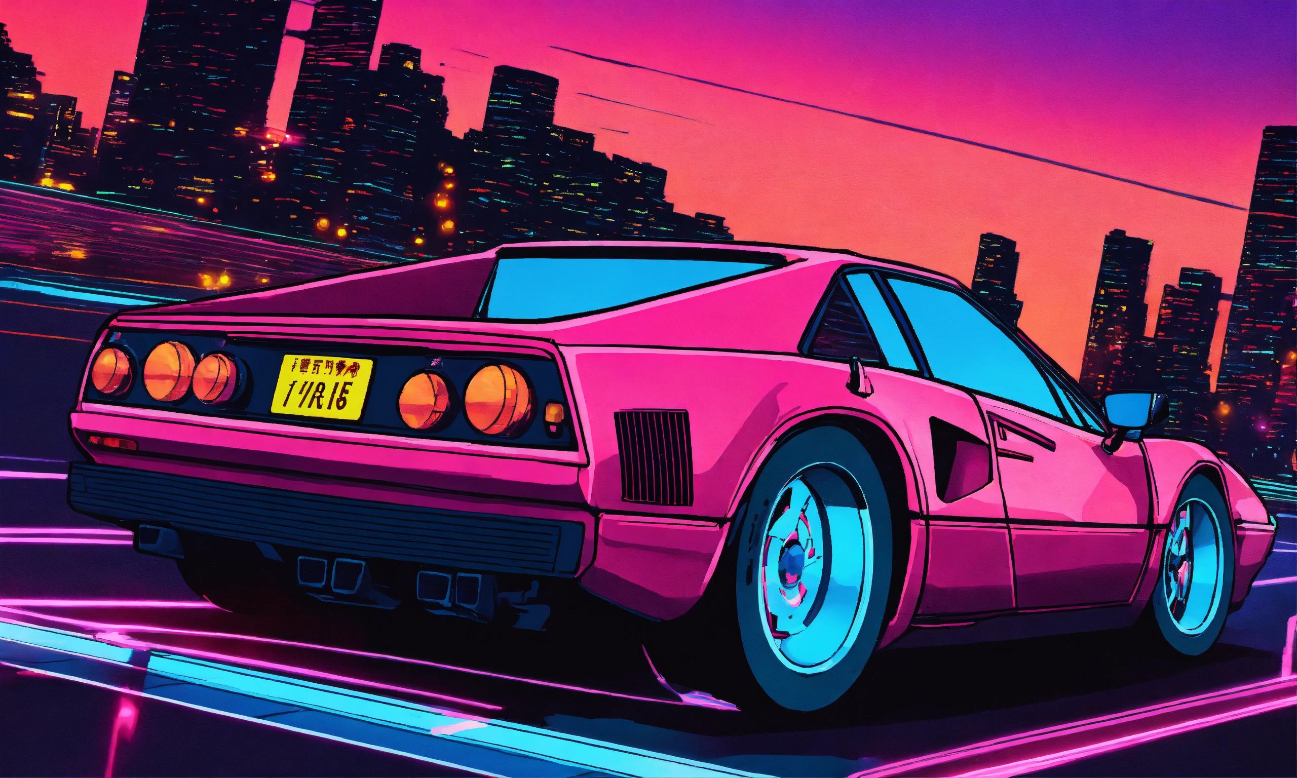 Lexica - 80s anime style, man driving a Ferrari down a neon lit highway