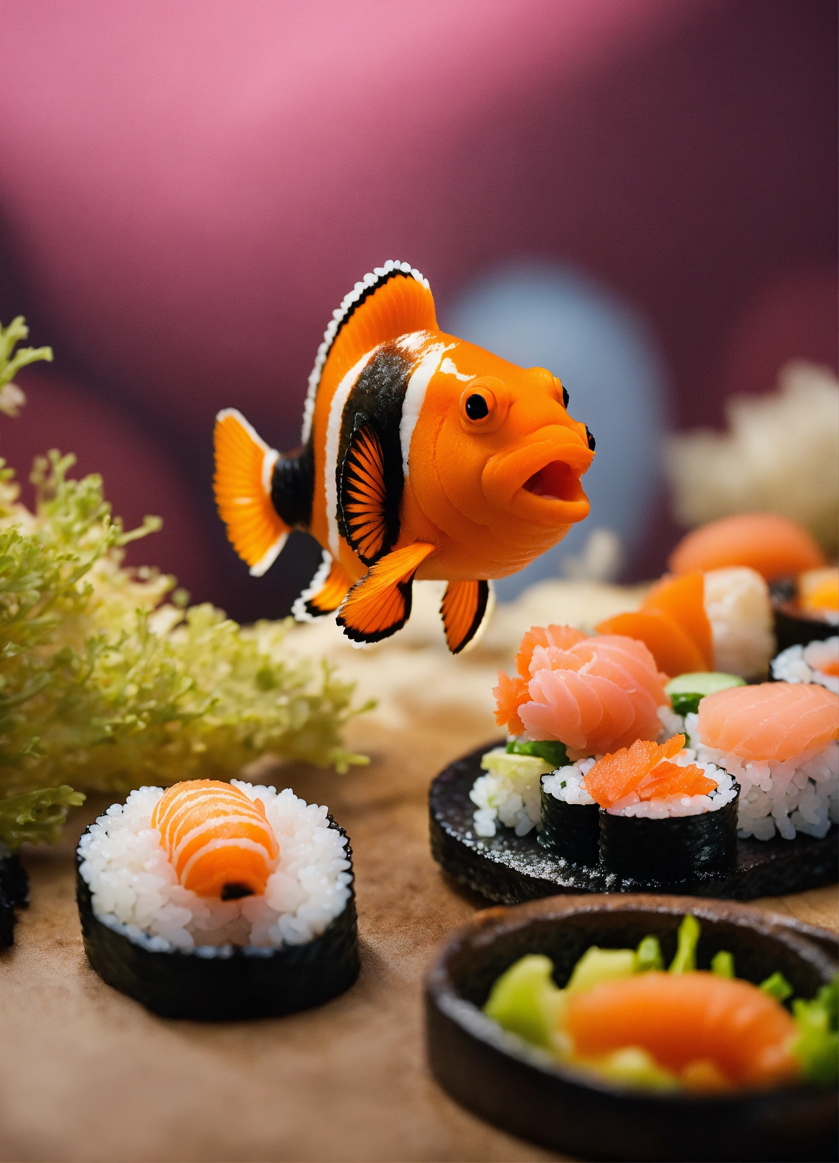 Lexica - A clownfish standing on 2 legs, eating sushi, claymation, 8k